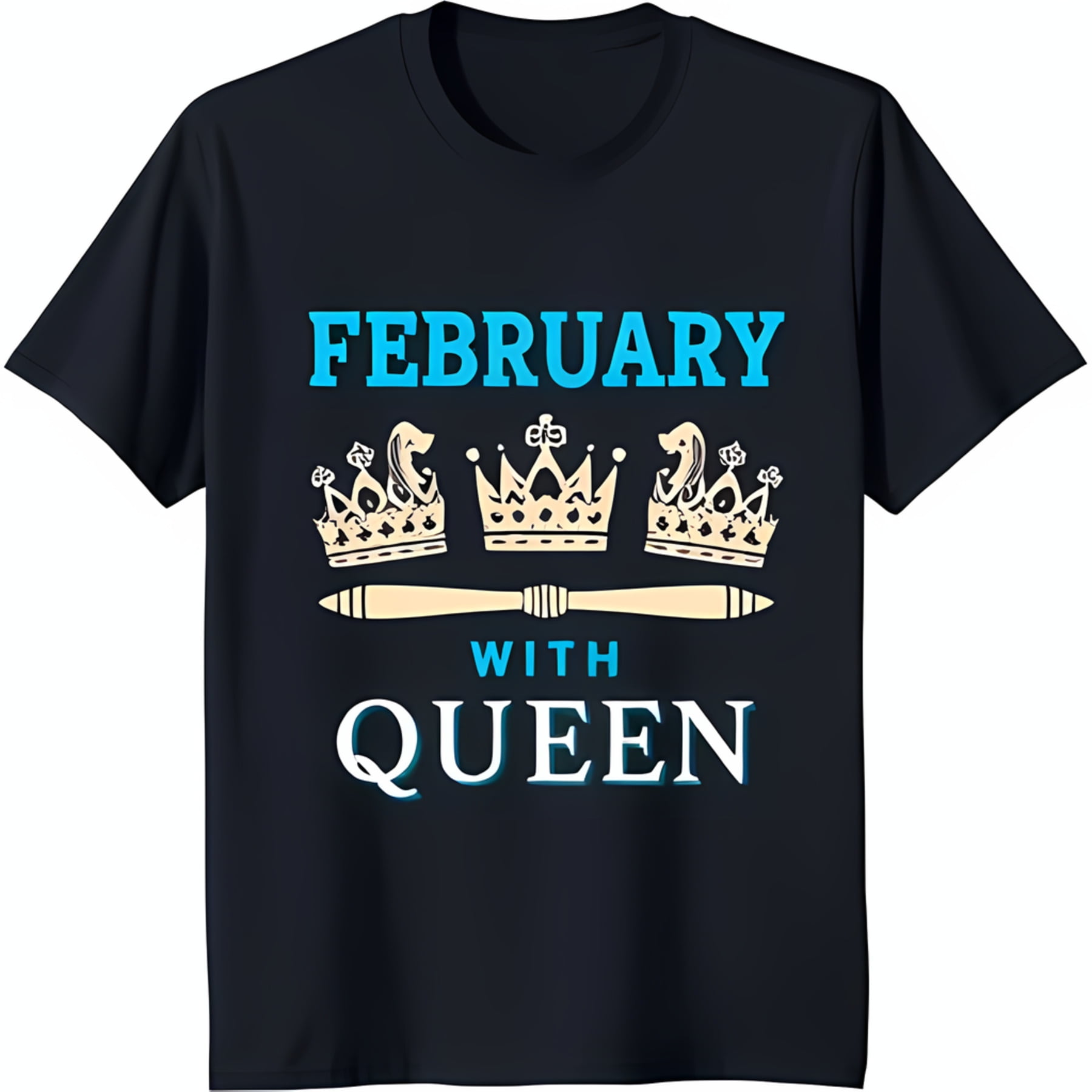 Royal Theme Black T-Shirt 'February with Queen' Design Blue Text & Gold ...