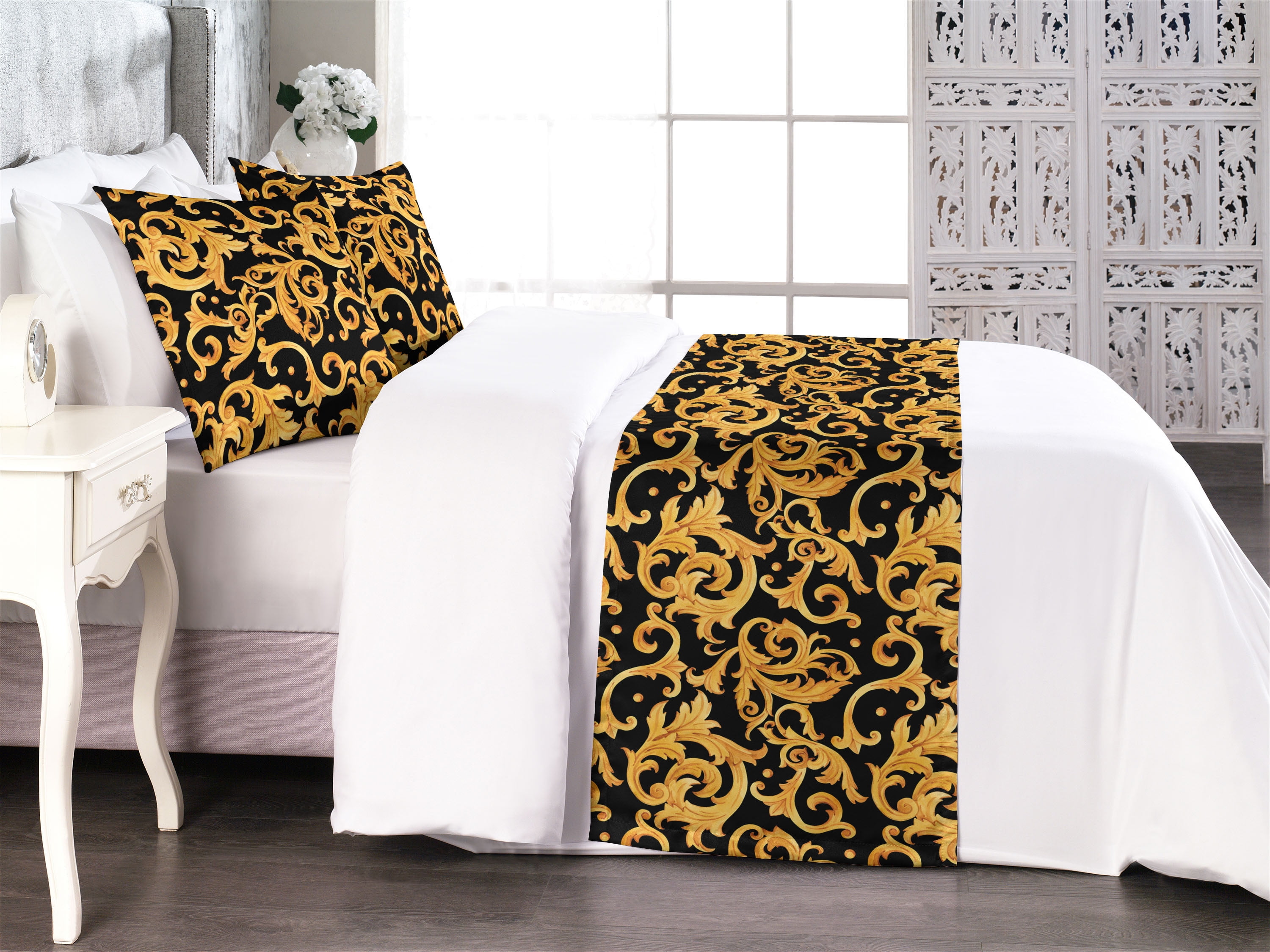 Royal Themed Bed Runner Set, Classic Rococo Style Curlicue Shapes ...