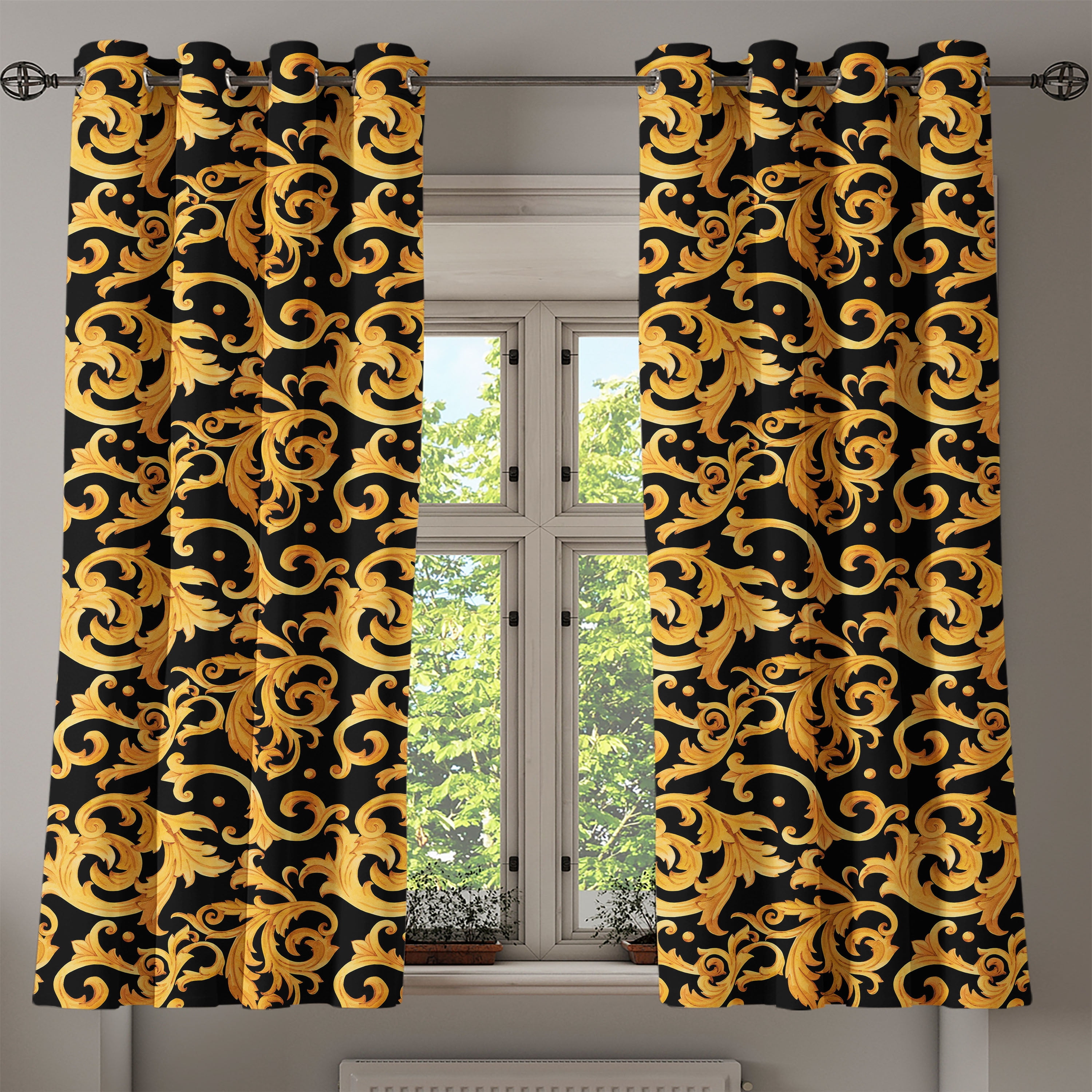 Royal Themed Grommet Curtain, Classic Rococo Style Curlicue Shapes ...