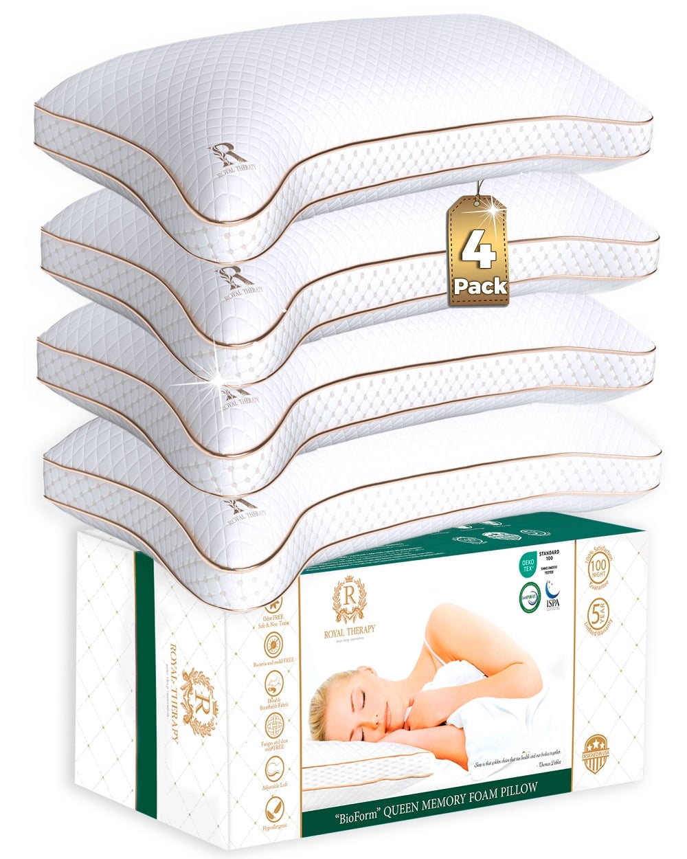 Royal Therapy King (Pack of 4) Memory Foam Pillow – Adjustable Shredded ...