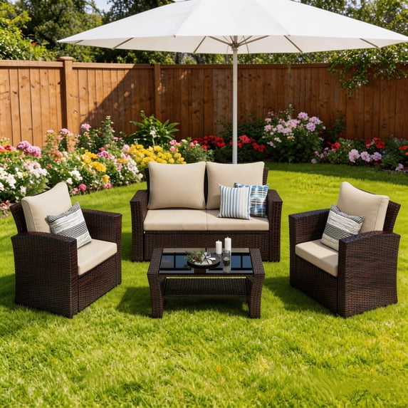 Royalcraft 4 Piece Outdoor Patio Furniture Set, Wicker Sofa Chair with ...