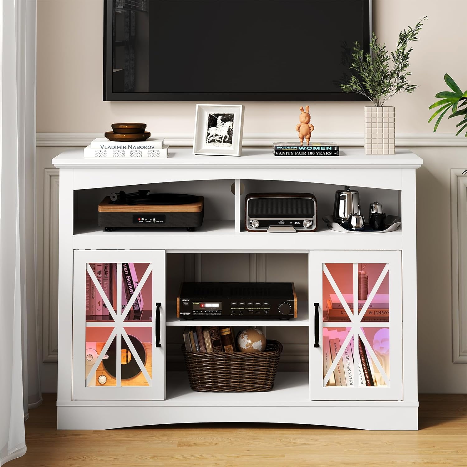 RoyalCraft 47'' Farmhouse TV Stand, Retro TV Console with Glass Doors ...