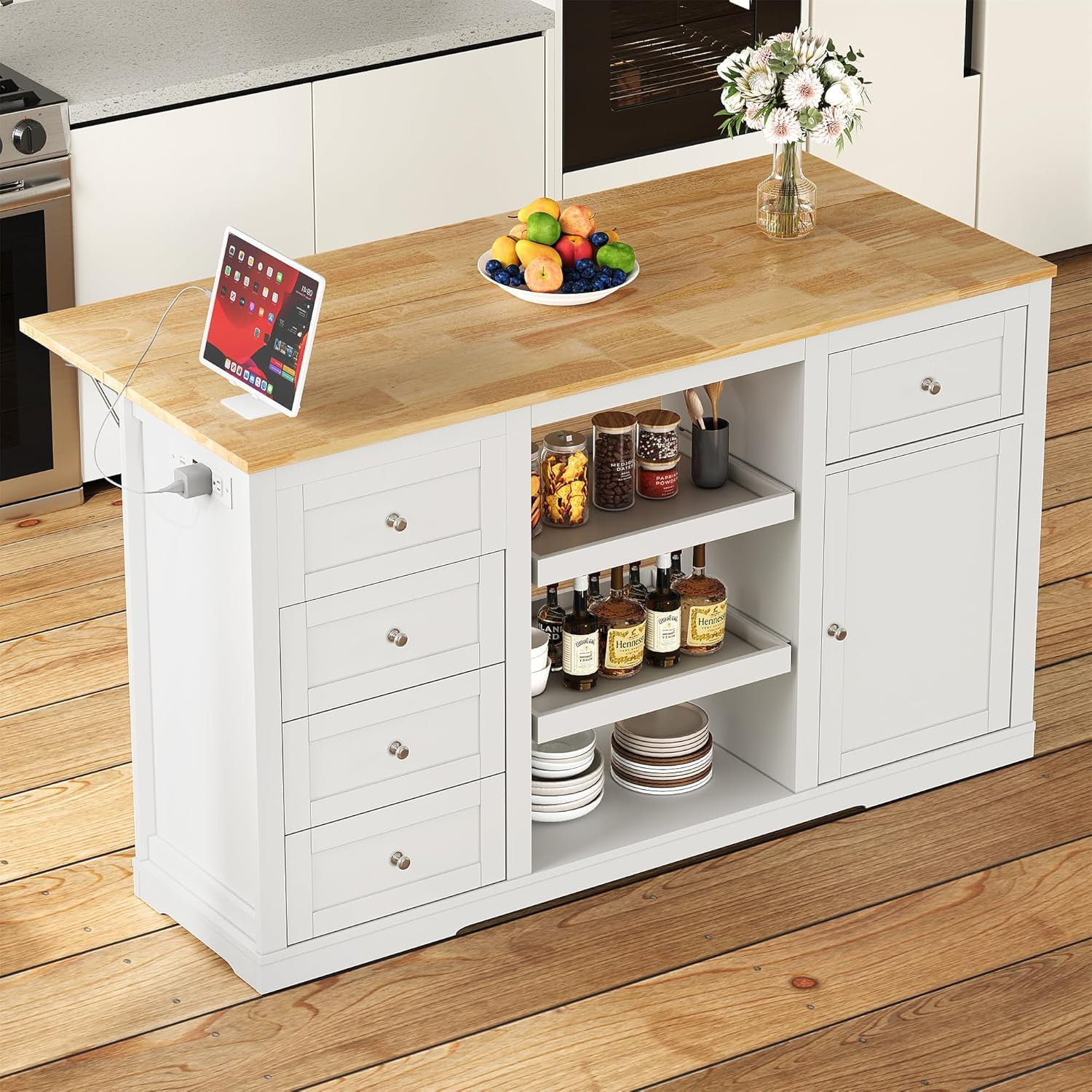 RoyalCraft 59'' Inch Kitchen Island with Storage and Drop Leaf, Island ...