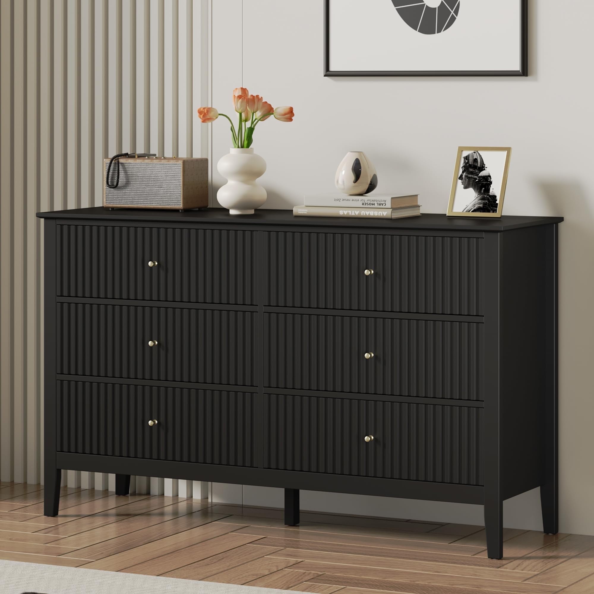 RoyalCraft Black 6 Drawer Dresser, Fluted Modern Wood Dresser, Double ...