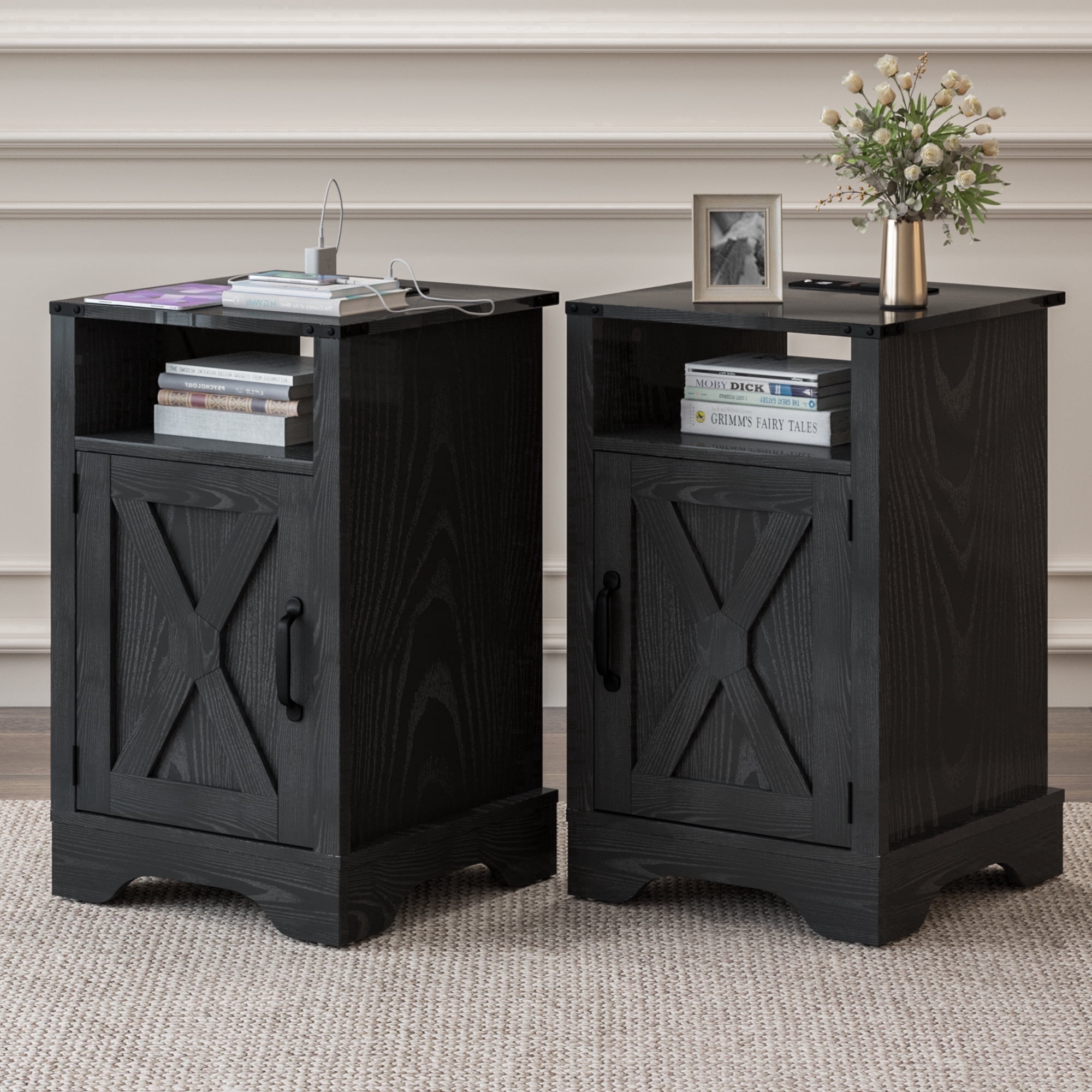 "Mayincolor Farmhouse Nightstand Set of 2, Black Bedside Table with ...