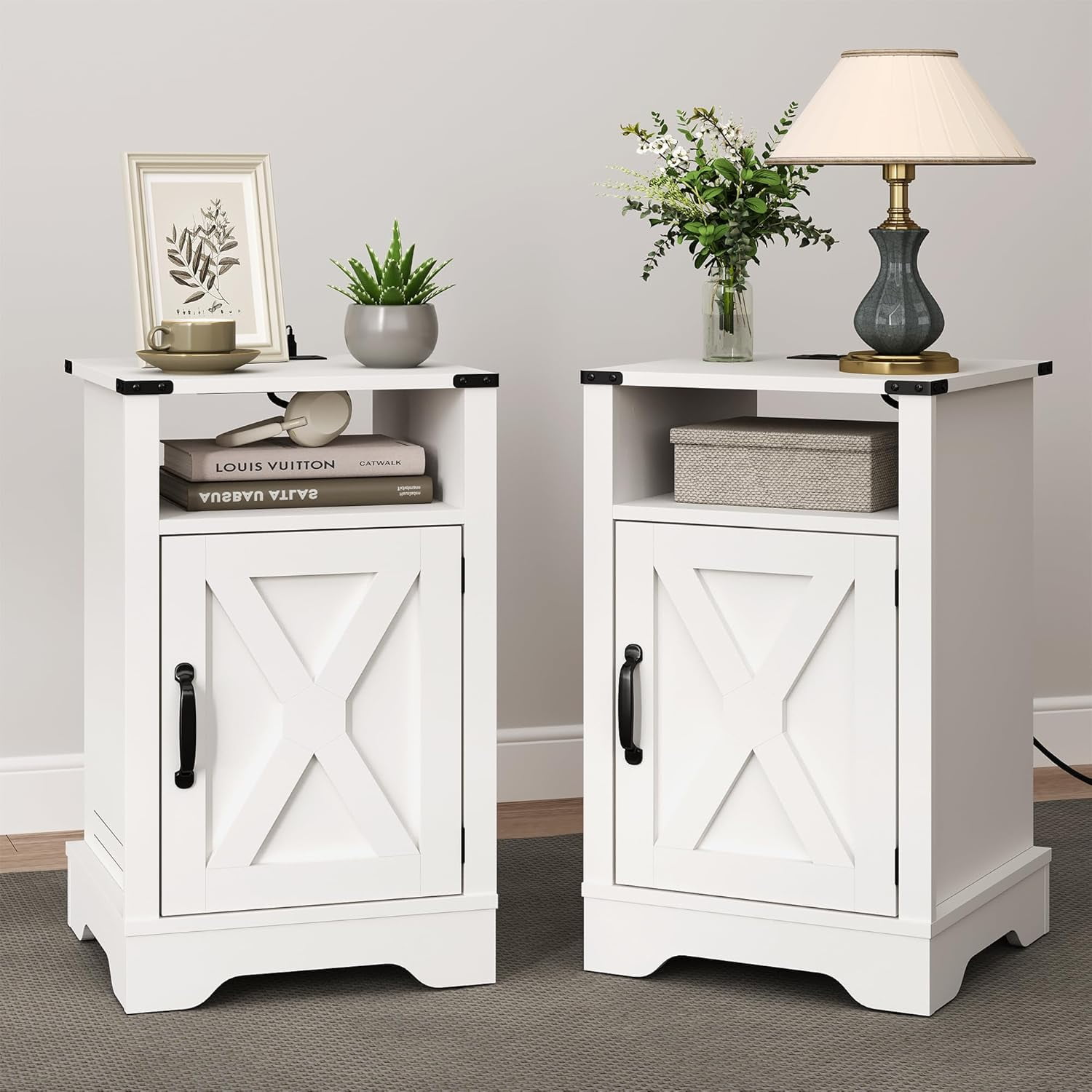 RoyalCraft Farmhouse Nightstand, White End Table with Charging Station ...