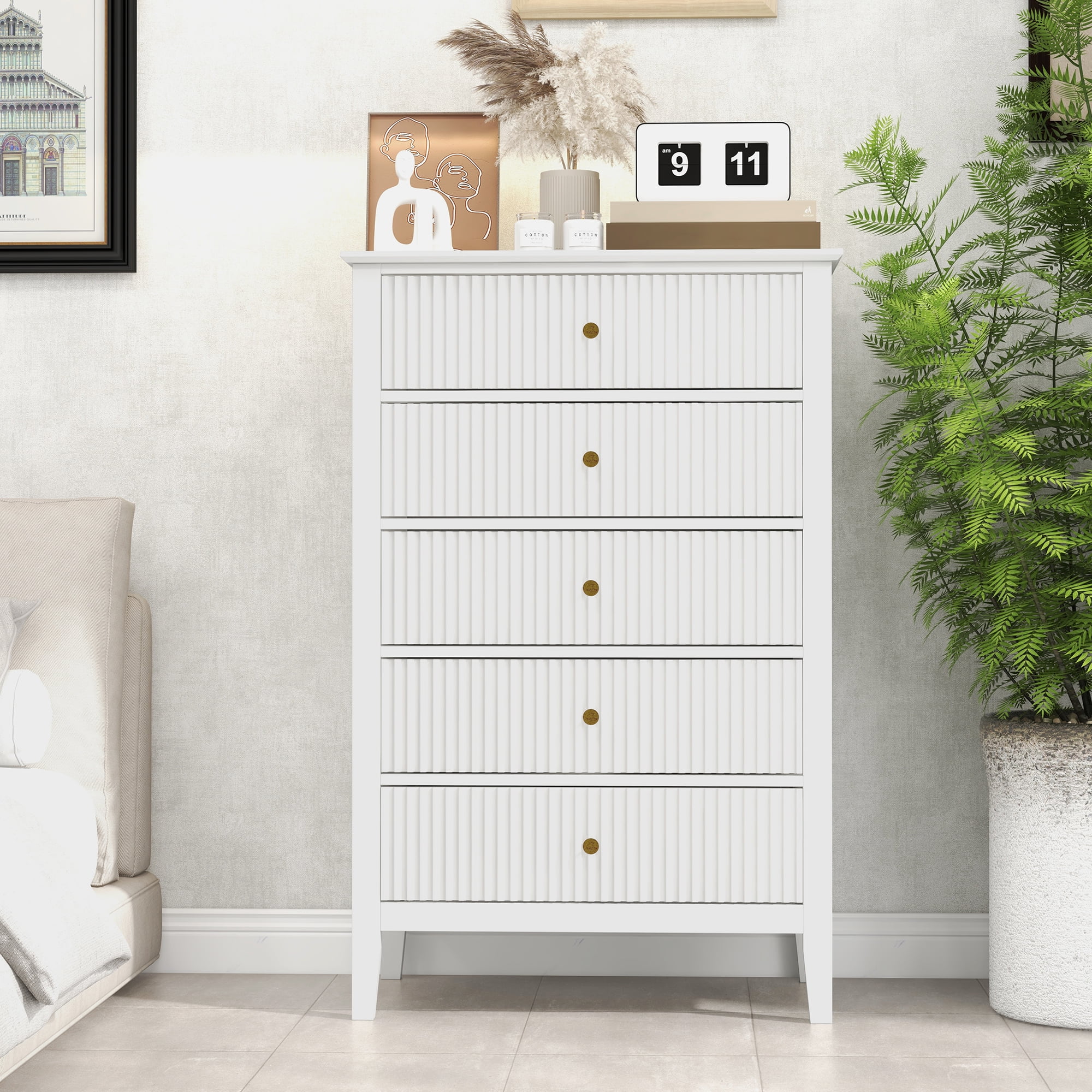 RoyalCraft Fluted 5 Drawers Dresser for Bedroom, Tall Chest of Drawer ...