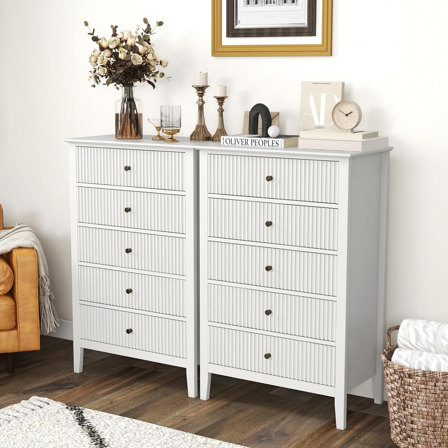 RoyalCraft Fluted 5 Drawers Dresser Set of 2 for Bedroom, Tall Chest of ...