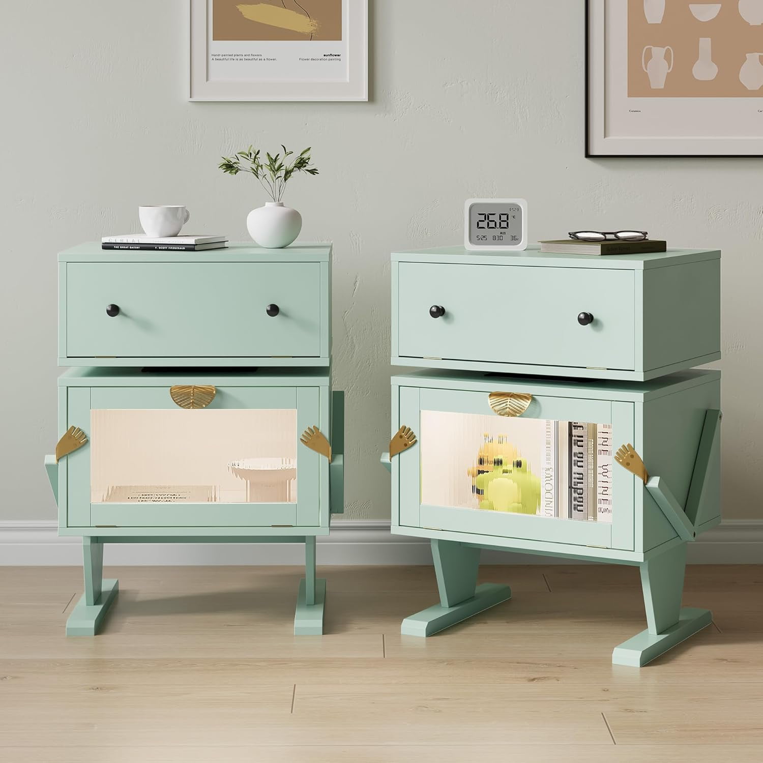 RoyalCraft Large Nightstand Set of 2 with LED Lighs, Green End Table ...