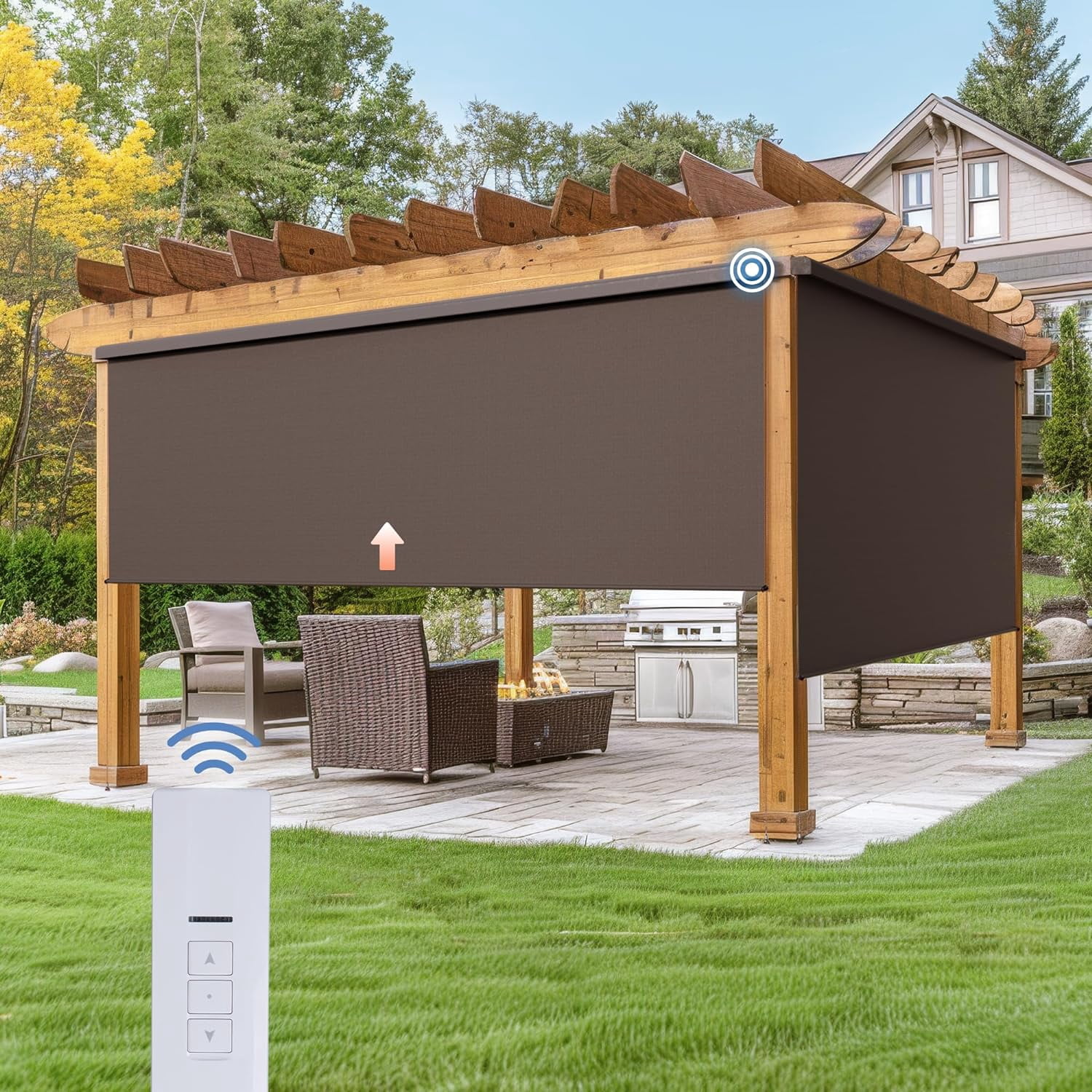 Sunvivi Motorized Outdoor Roller Shade Electric Outdoor Blind, Brown 6 ...