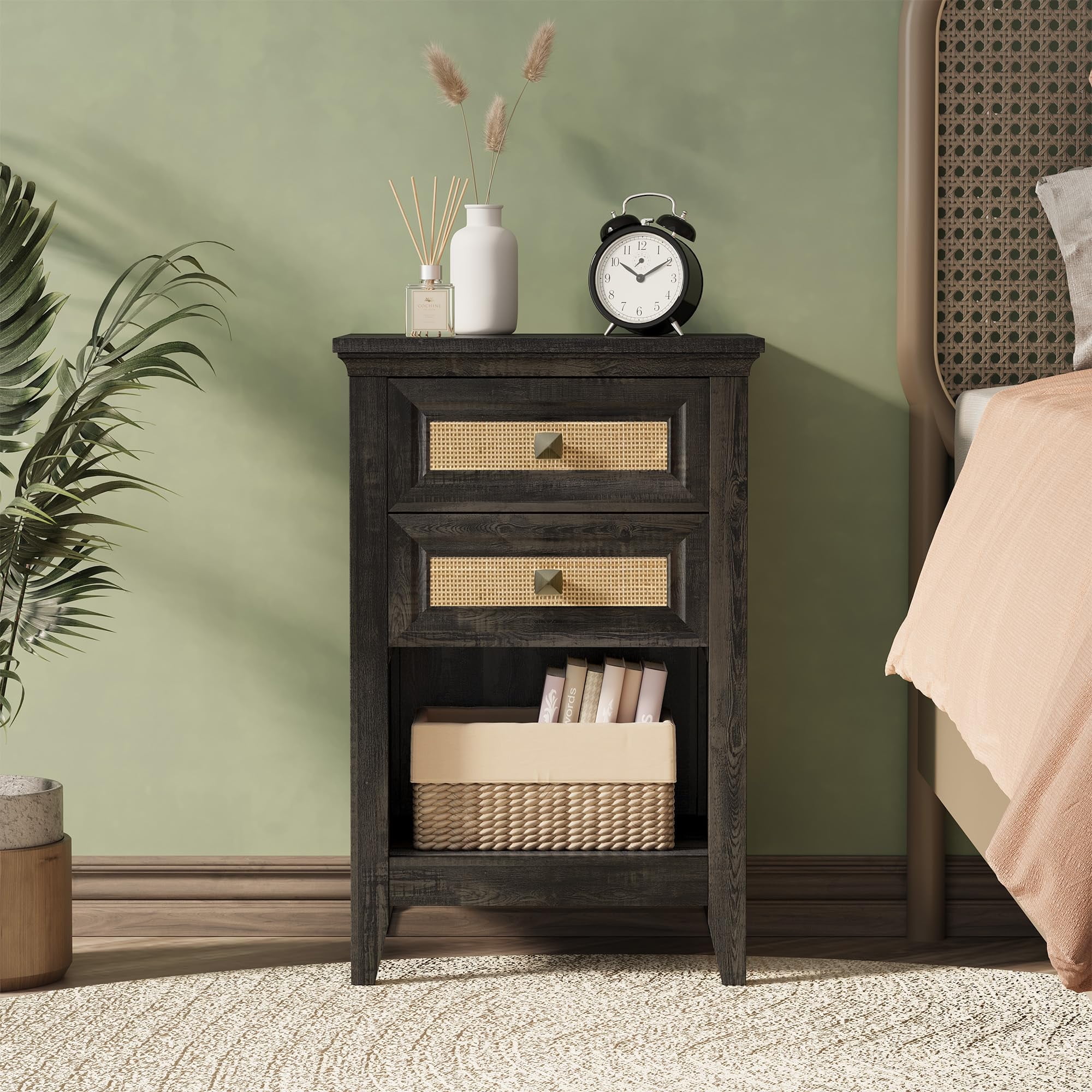RoyalCraft Nightstand with 2 Drawers, Accent Bedside Table with Rattan ...