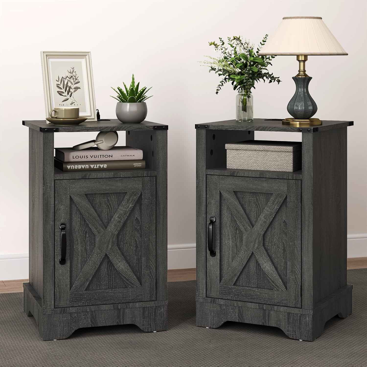 RoyalCraft Nightstand Set of 2, Grey End Table with Charging Station ...