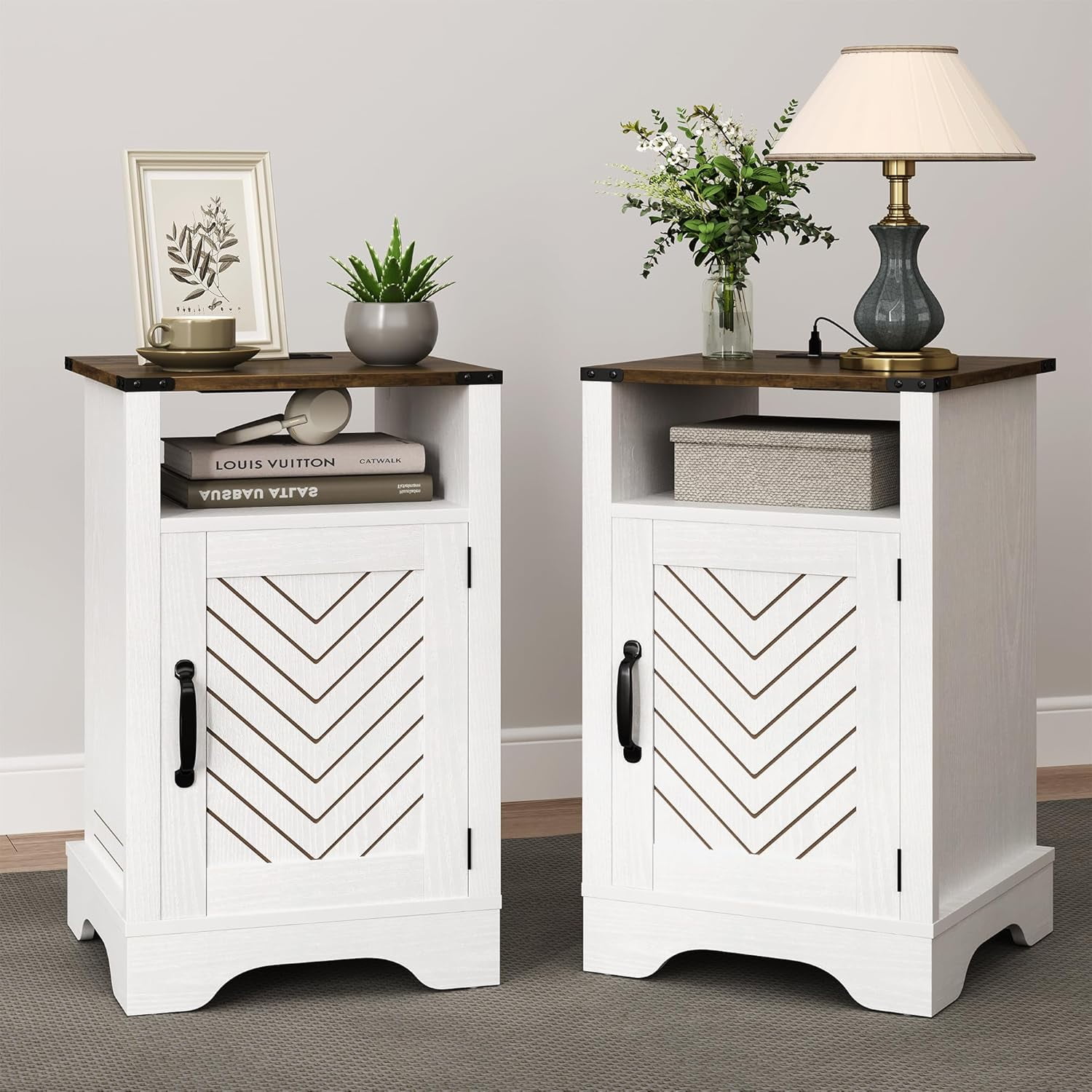 RoyalCraft Nightstand Set of 2, White End Table with Charging Station ...