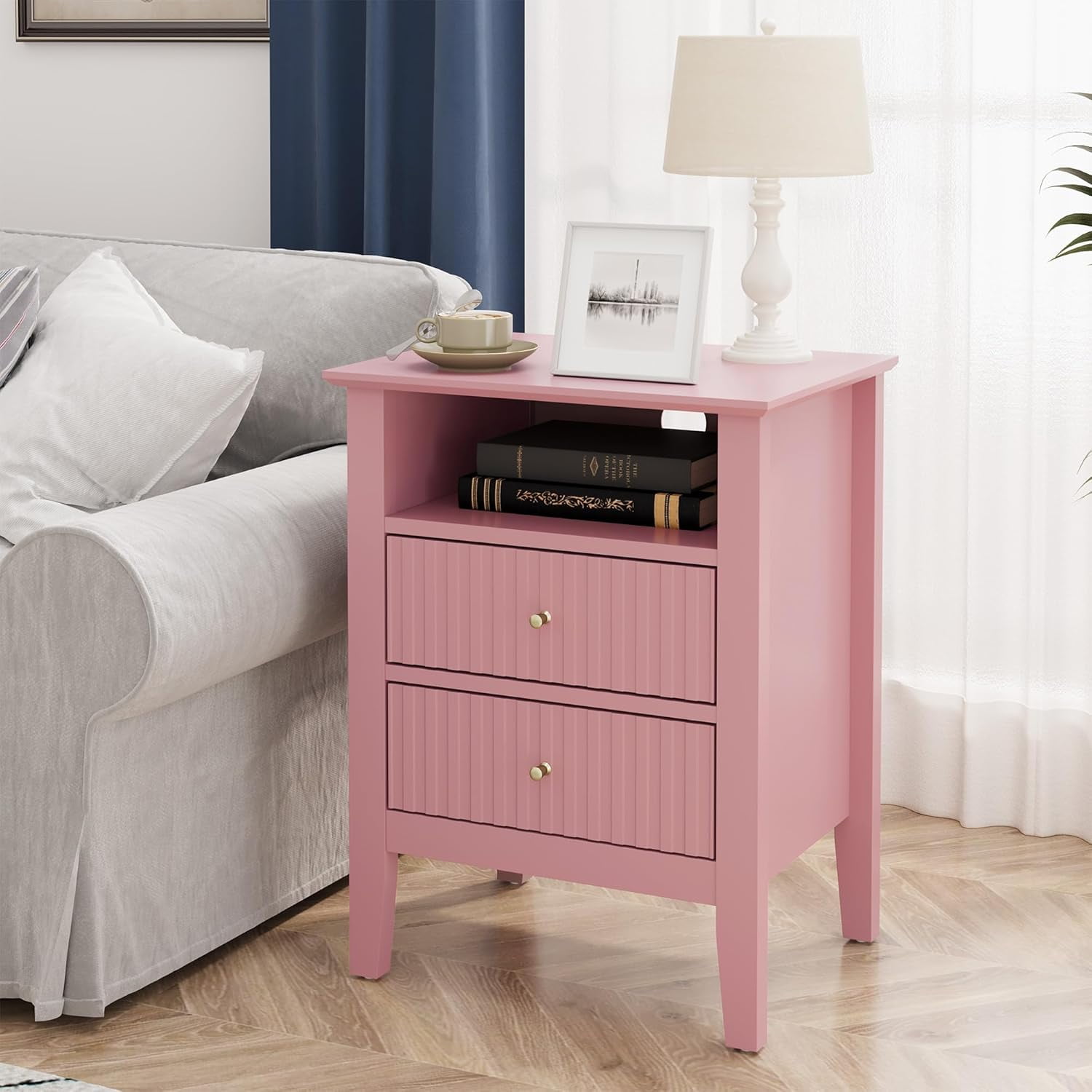 RoyalCraft Pink Fluted Nightstand with 2 Drawers, Colorful Nightstand ...
