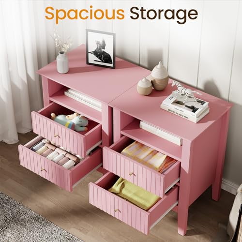 RoyalCraft Pink Fluted Nightstand Set of 2, Colorful Nightstand with 2 ...