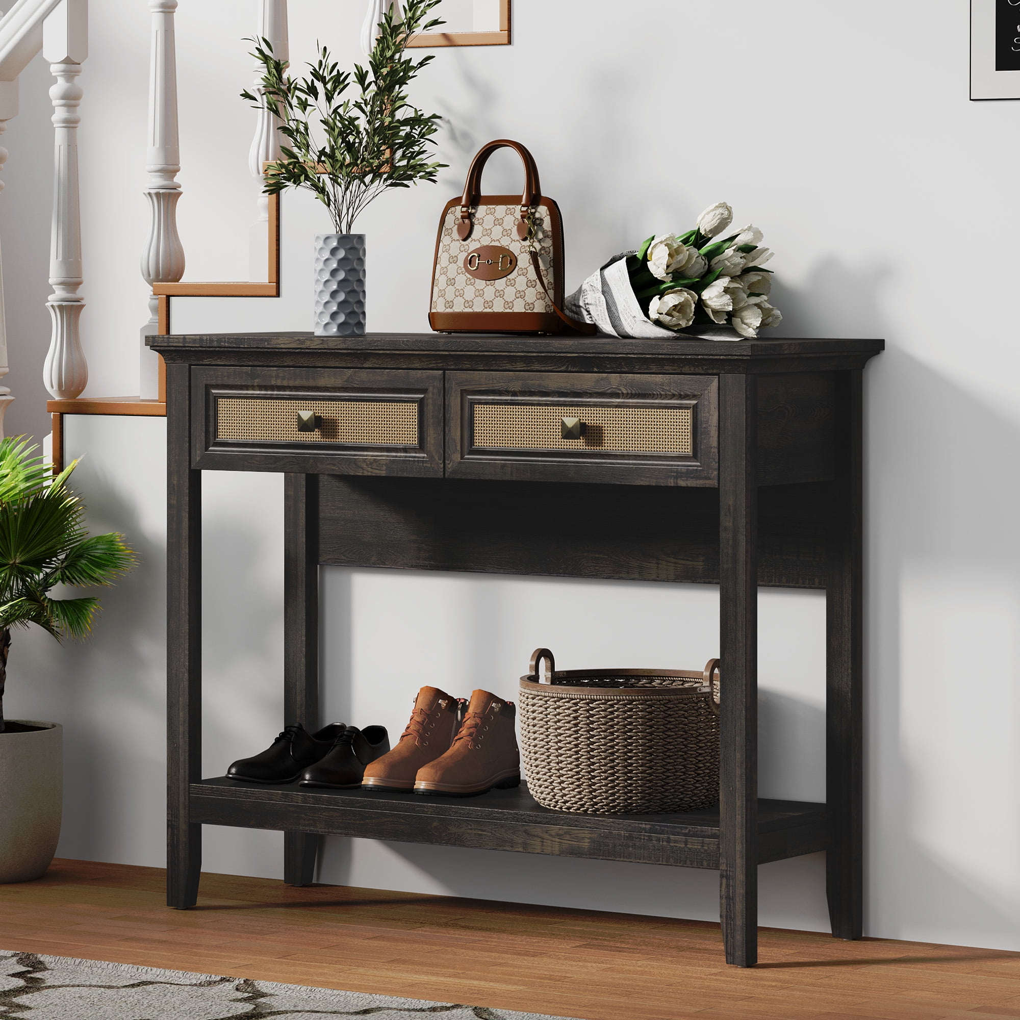 RoyalCraft Rattan Console Table, Boho Entryway Table with 2 Drawers and ...