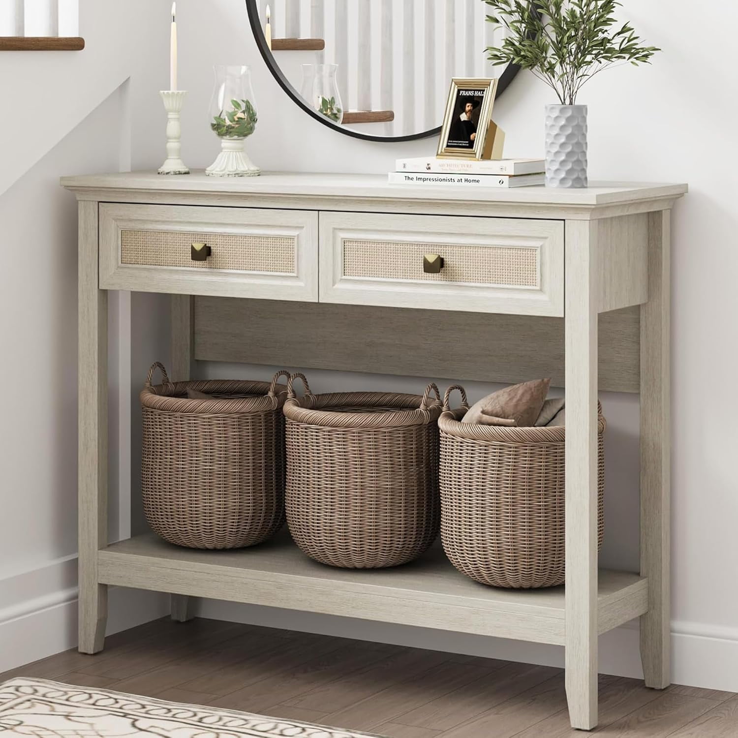 RoyalCraft Rattan Console Table with Storage, Entryway Table with Drawers, Wood Boho Sofa Table ...