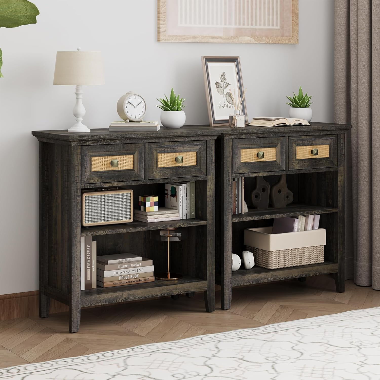 RoyalCraft Rattan Storage Cabinets Set of 2, Accent Boho Nightstand with 2 Drawers and 2 Shelves ...