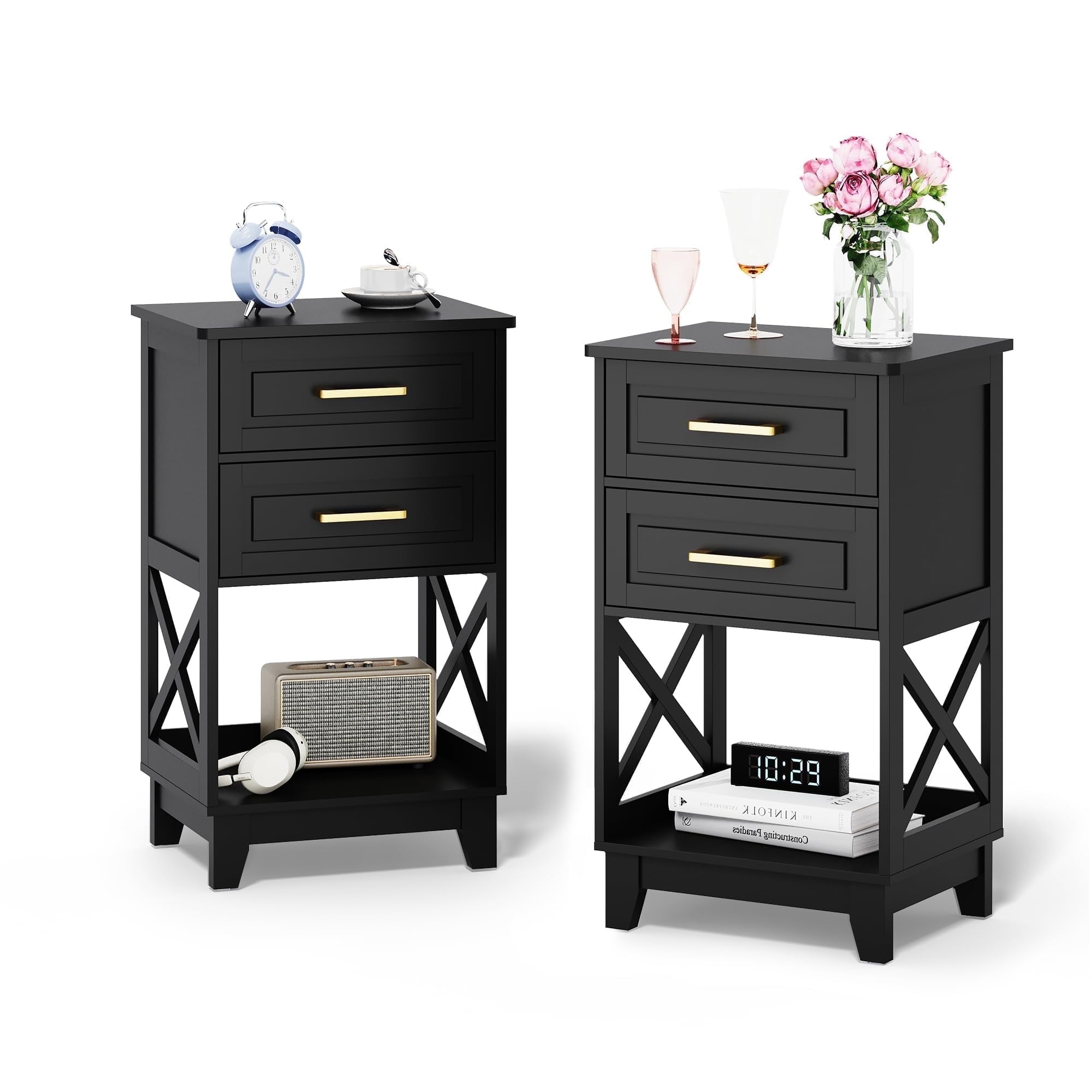 RoyalCraft Tall Nightstand Set of 2, Side Table with 2 Drawers and Open ...