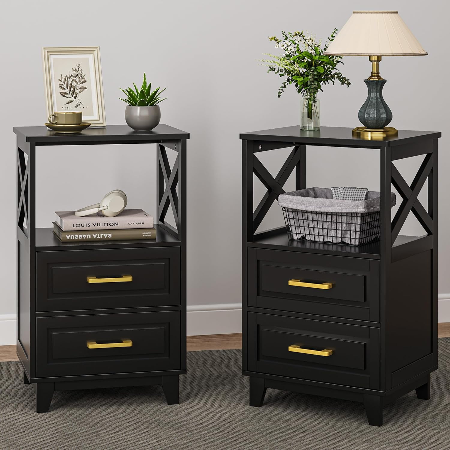 RoyalCraft Tall Nightstand Set of 2, Side Table with 2 Drawers and Open ...