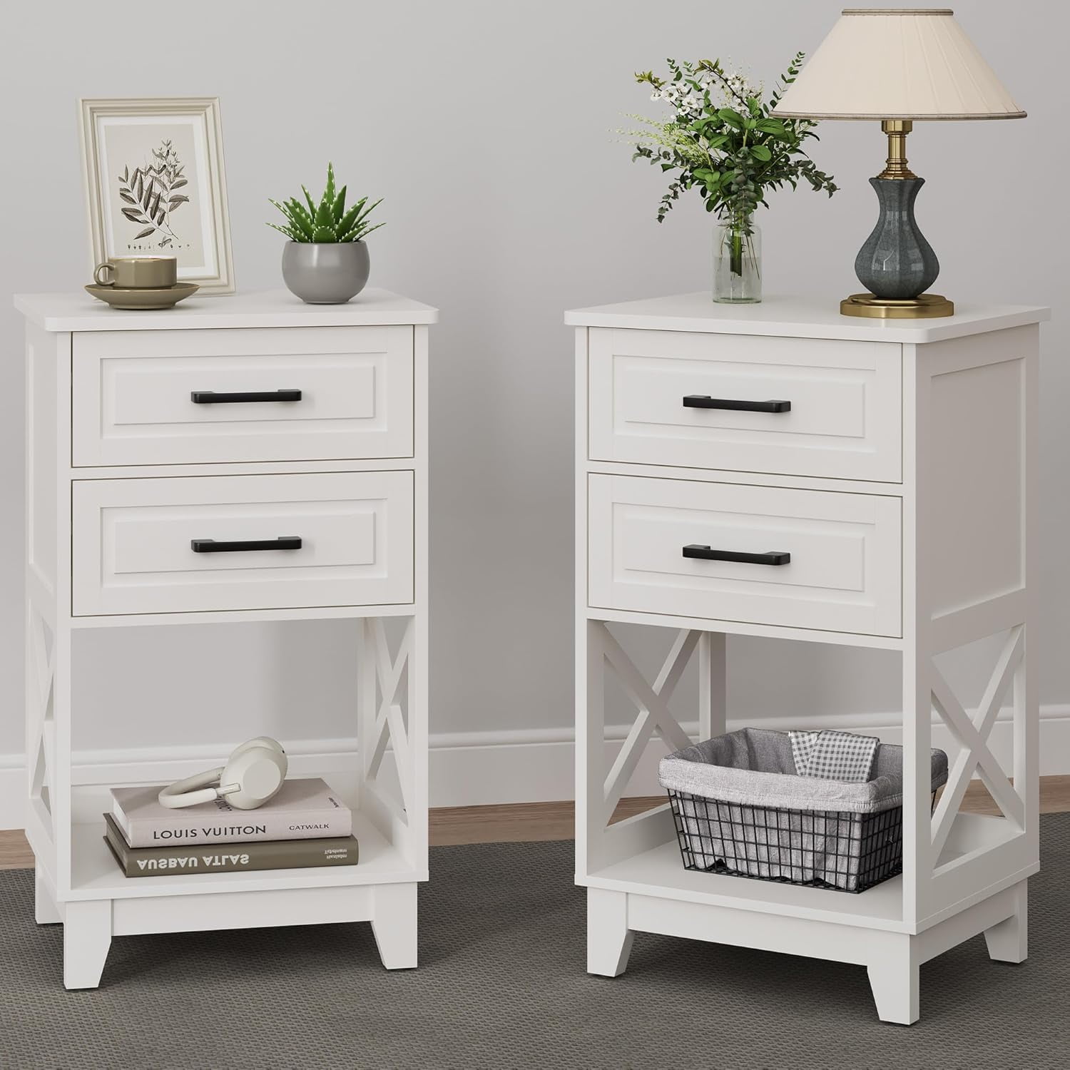 RoyalCraft Tall Nightstand Set of 2, White Side Table with 2 Drawers ...