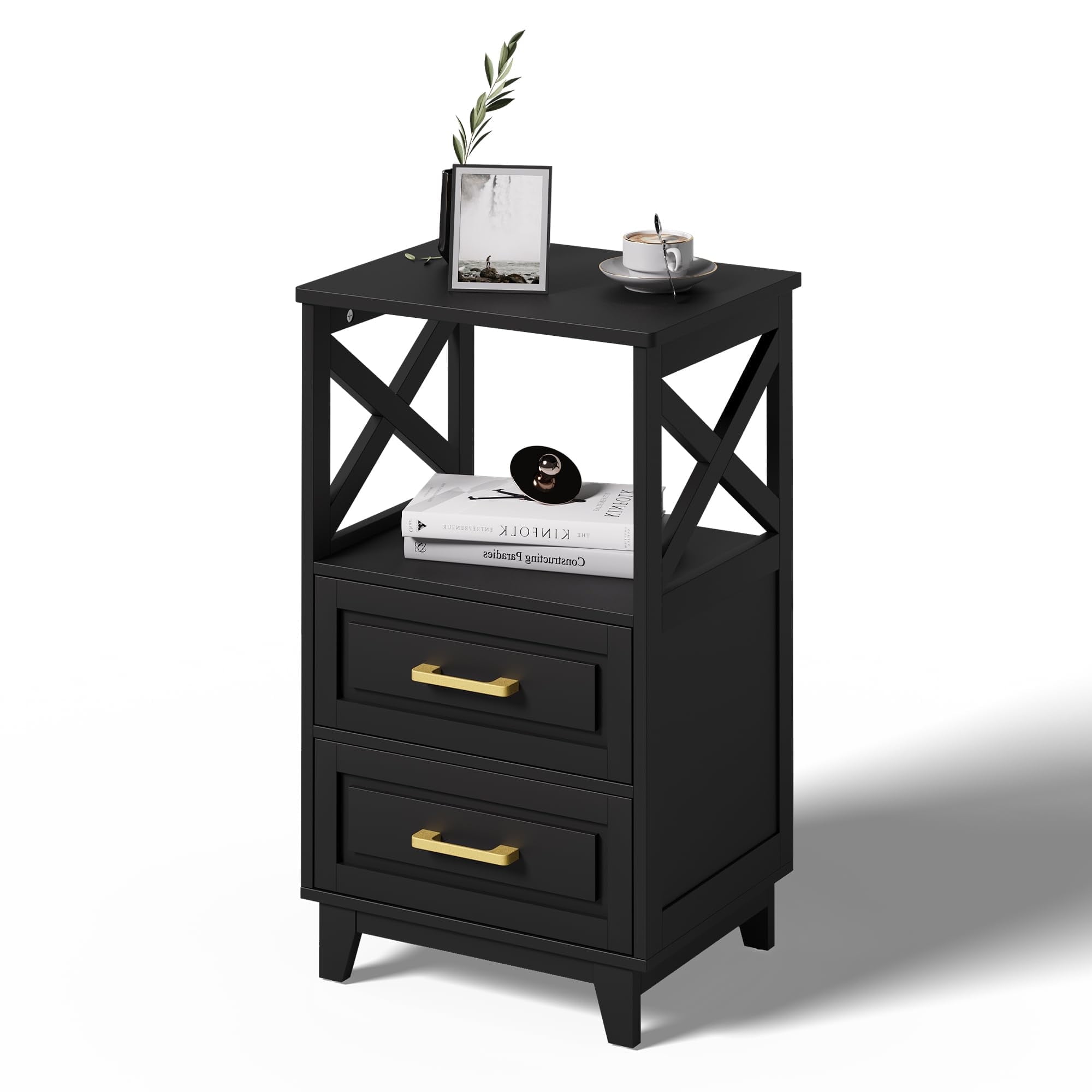 RoyalCraft Tall Nightstand, Side Table with 2 Drawers and Open Shelf on ...