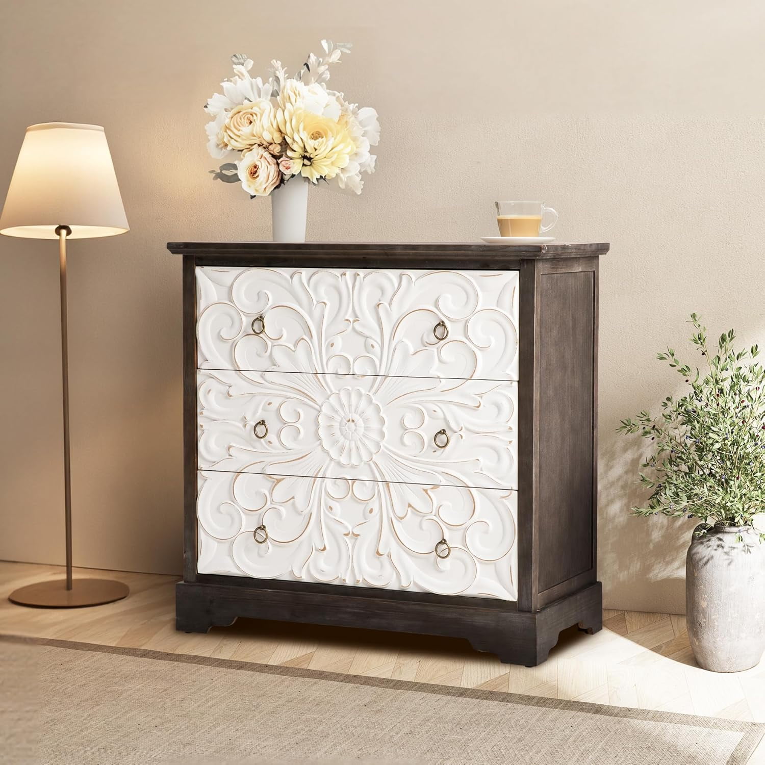RoyalCraft Vintage 3 Drawer Dresser with Pattern Carved Drawers, Accent ...