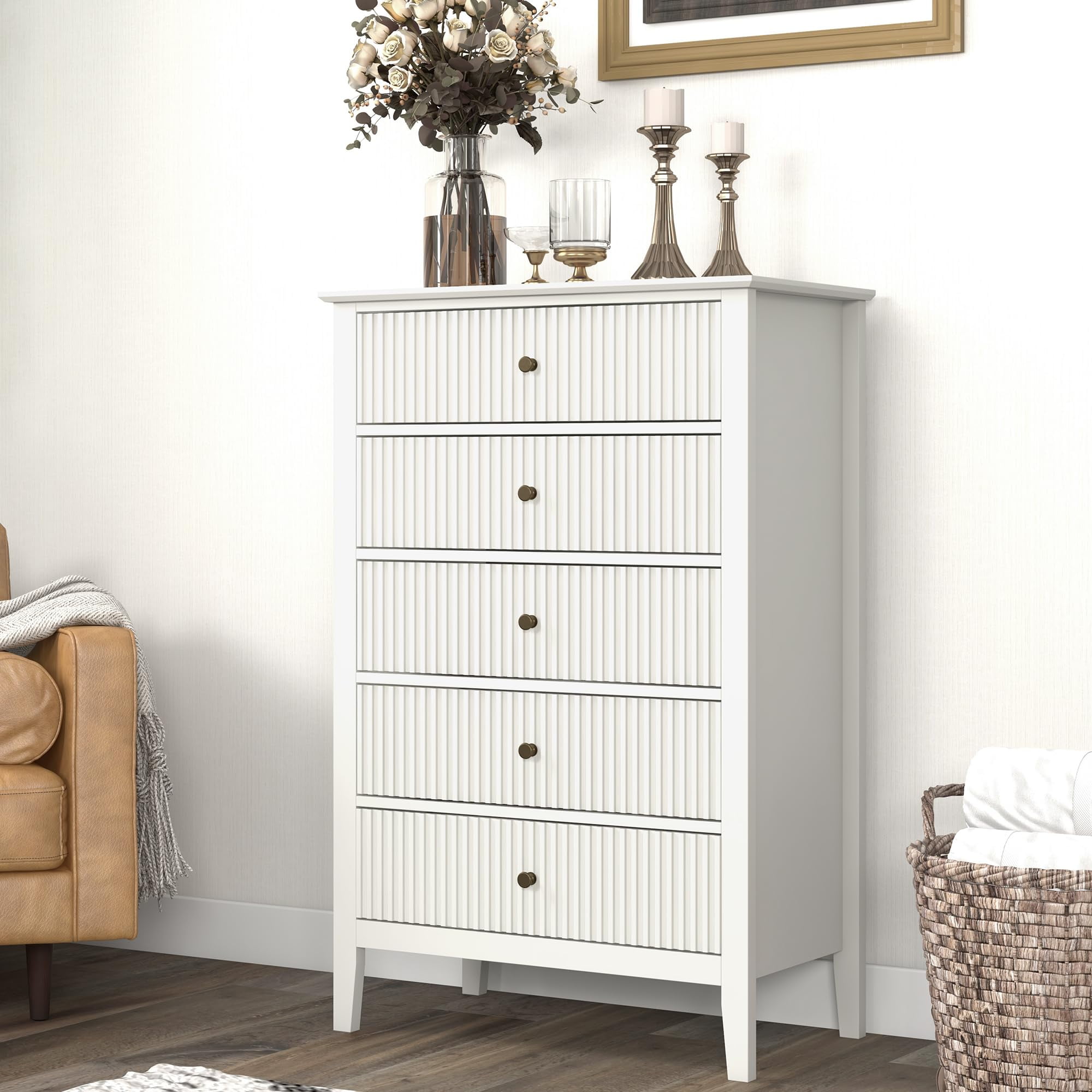 RoyalCraft White Fluted 5 Drawer Dresser for Bedroom, Tall Chest of ...