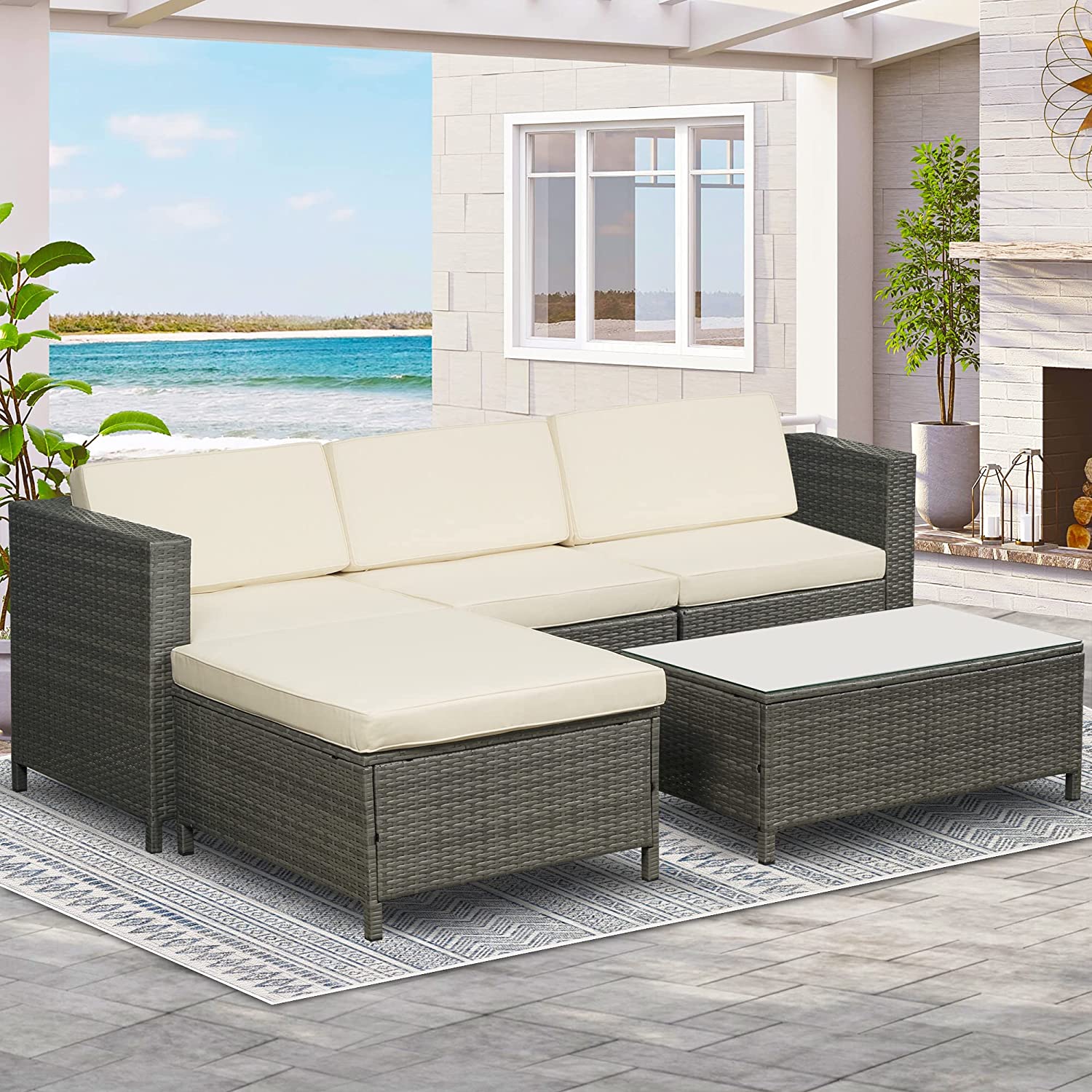 Dextrus Patio Furniture Set, Outdoor L-Shaped Sofa with 5 Seater ...