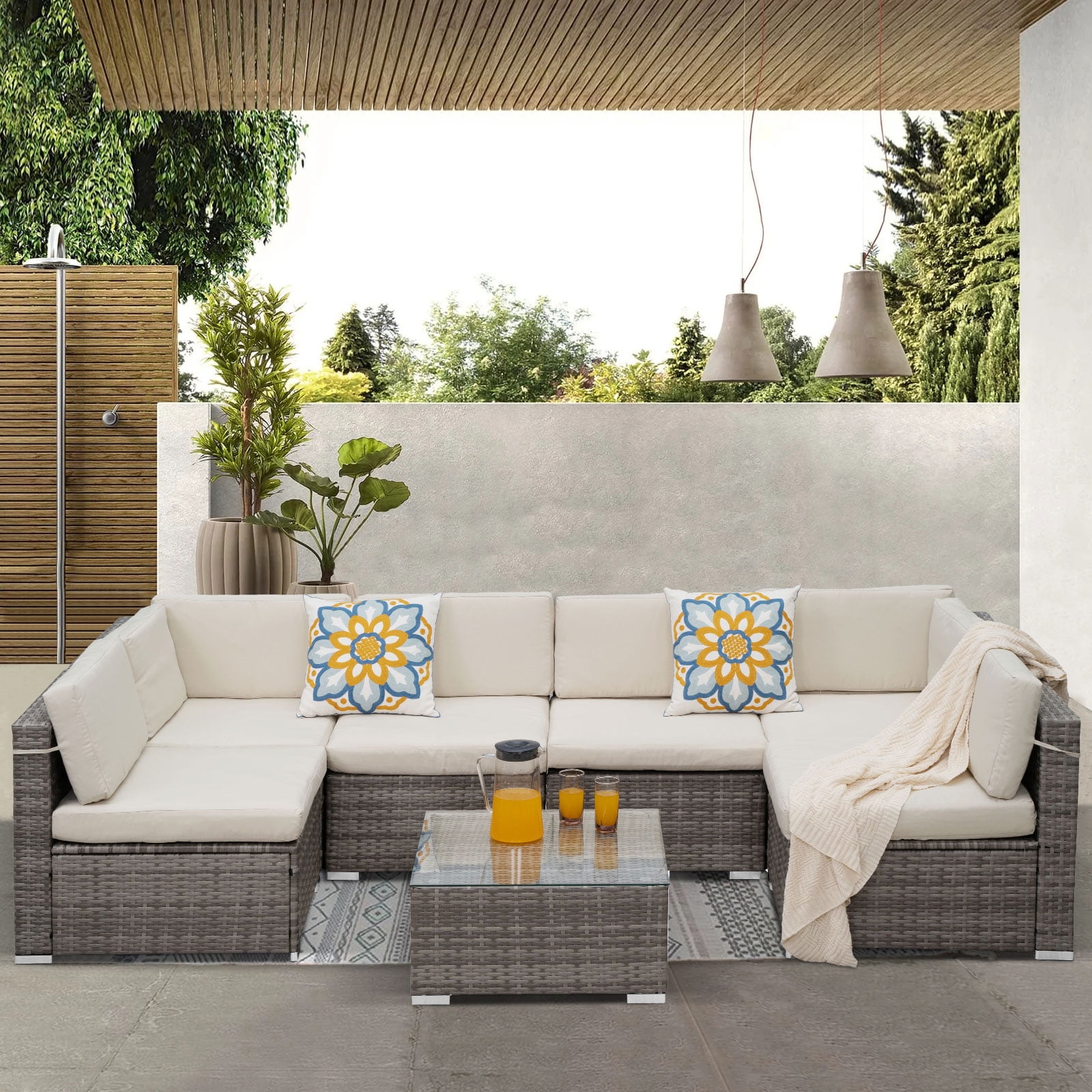 Royalcraft 7 Pieces Patio Furniture Sets, All-Weather PE Grey Wicker ...