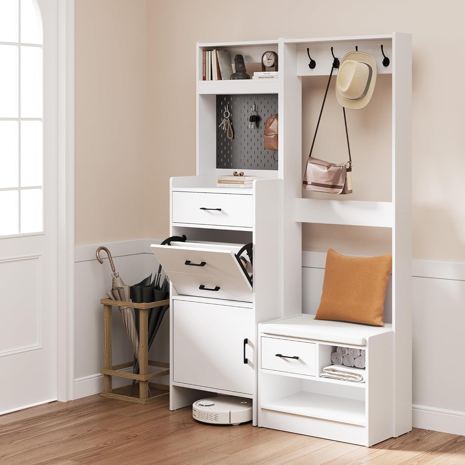 Royalcraft 7-in-1 Hall Tree with Hidden Shoe Storage, Entryway Bench ...