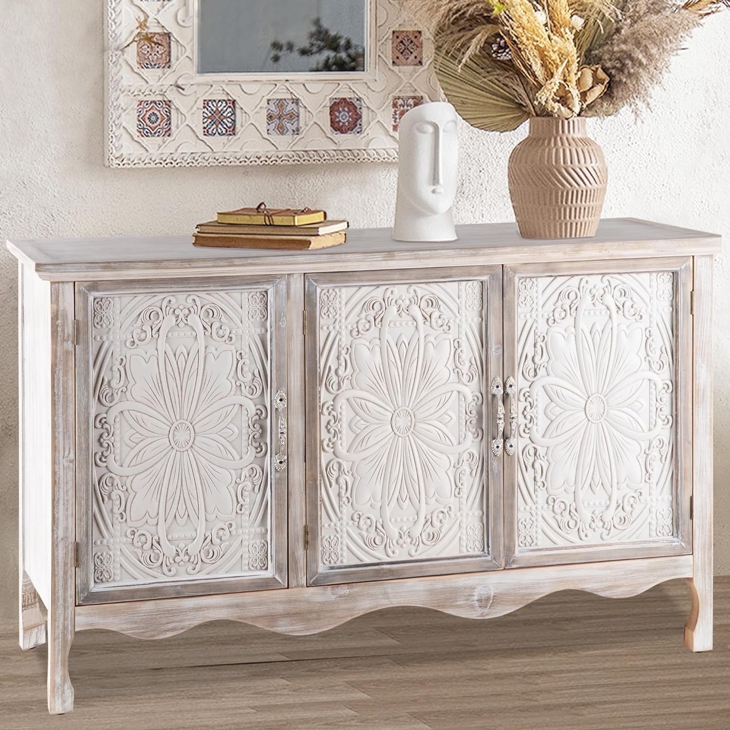 Royalcraft Accent Cabinet, Rustic Storage with 3 Carved Doors, Vintage ...
