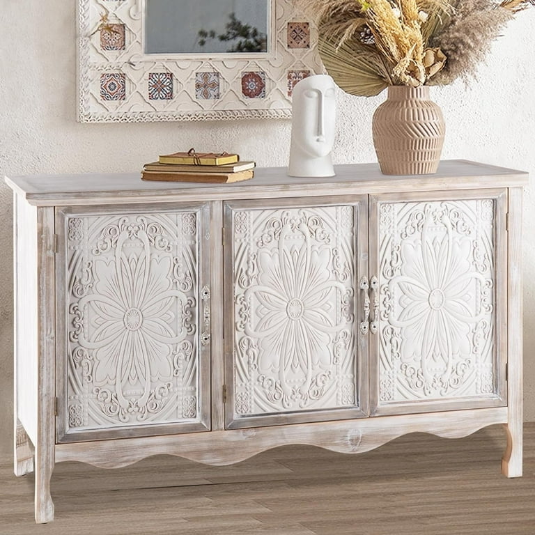 Royalcraft Accent Cabinet Rustic Storage Cabinet with 3 Carved Doors Vintage Sideboard Buffet Cabinet with Shelves Wash Grey