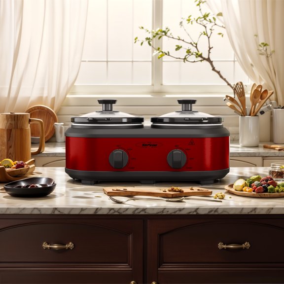Slow Cooker, 6.5 Quart, Glass Lid, Adjustable Temp, Food Warmer (Red ...