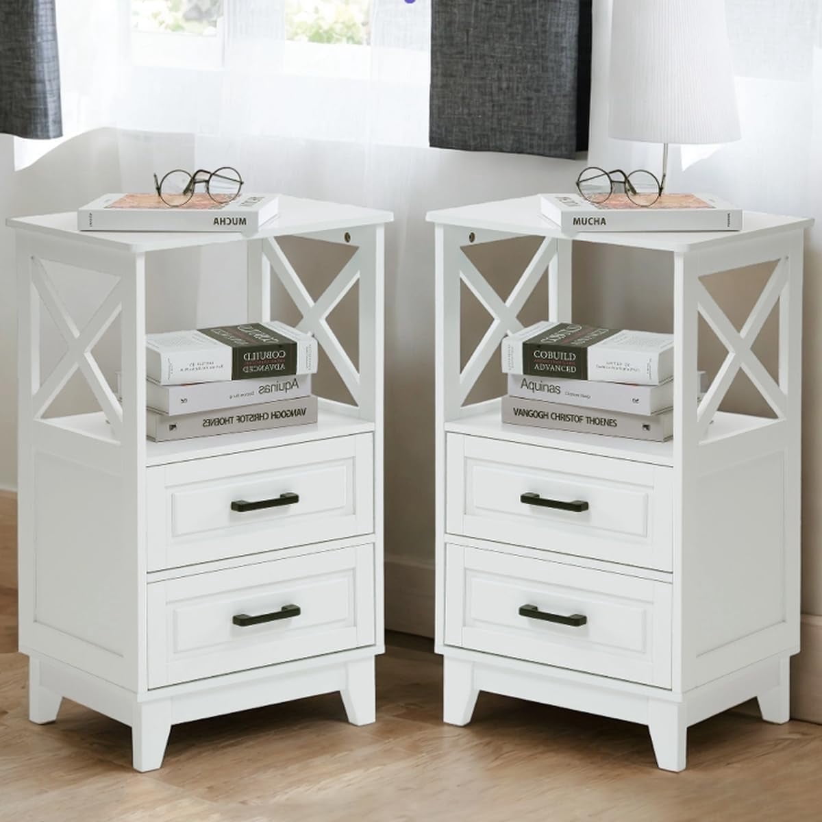 Royalcraft Tall Nightstand Set of 2 White Bedside Tables with X-Shaped ...
