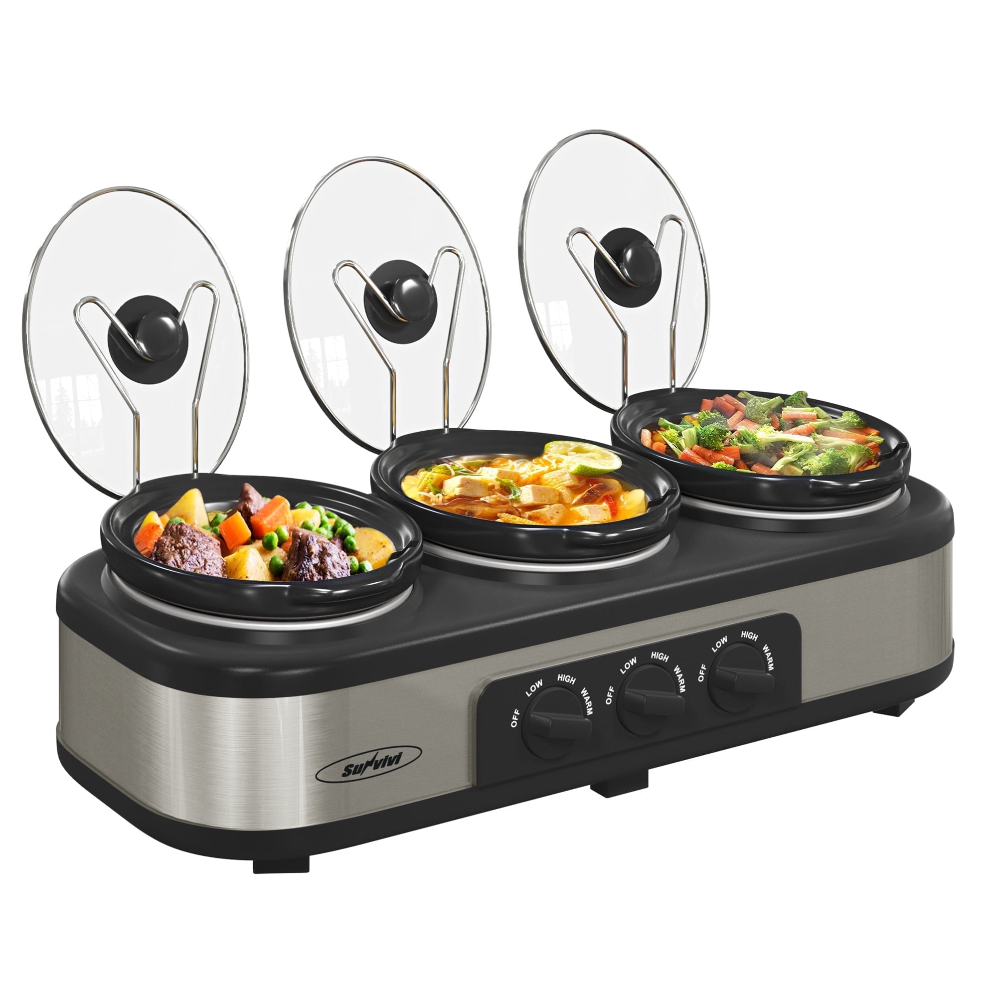 Sunvivi Triple Slow Cooker with 3 Spoons, 3 Pot 1.5 Quart Oval Crock ...