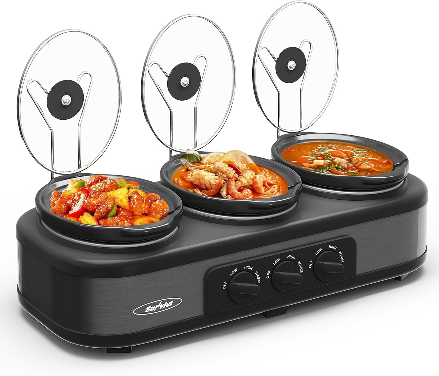 Sunvivi Triple Slow Cooker with 3 Spoons, 3 Pot 1.5 Quart Oval Crock ...