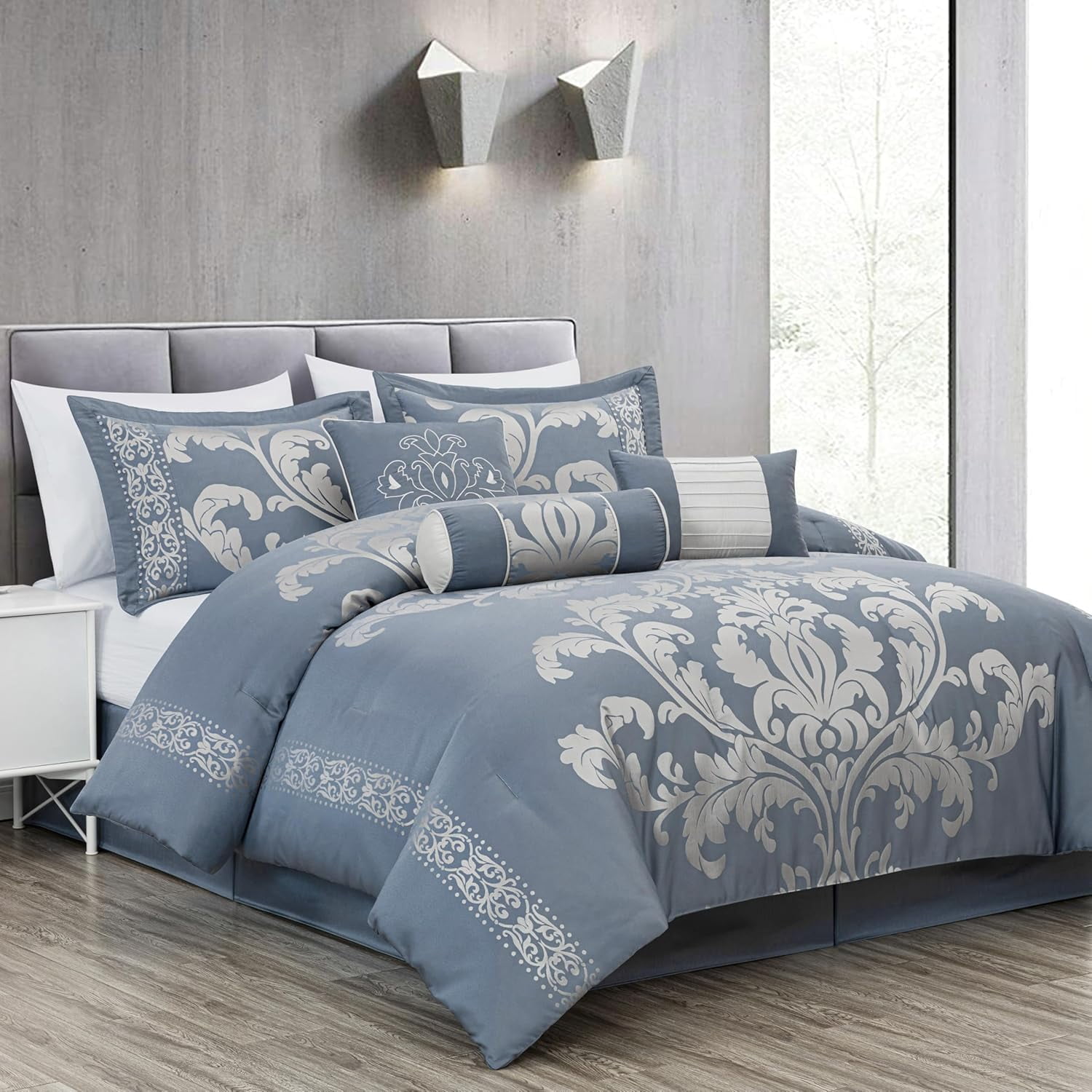 Royale 7-Piece Jacquard Floral Comforter Set, King, Grayish Blue/Gray ...