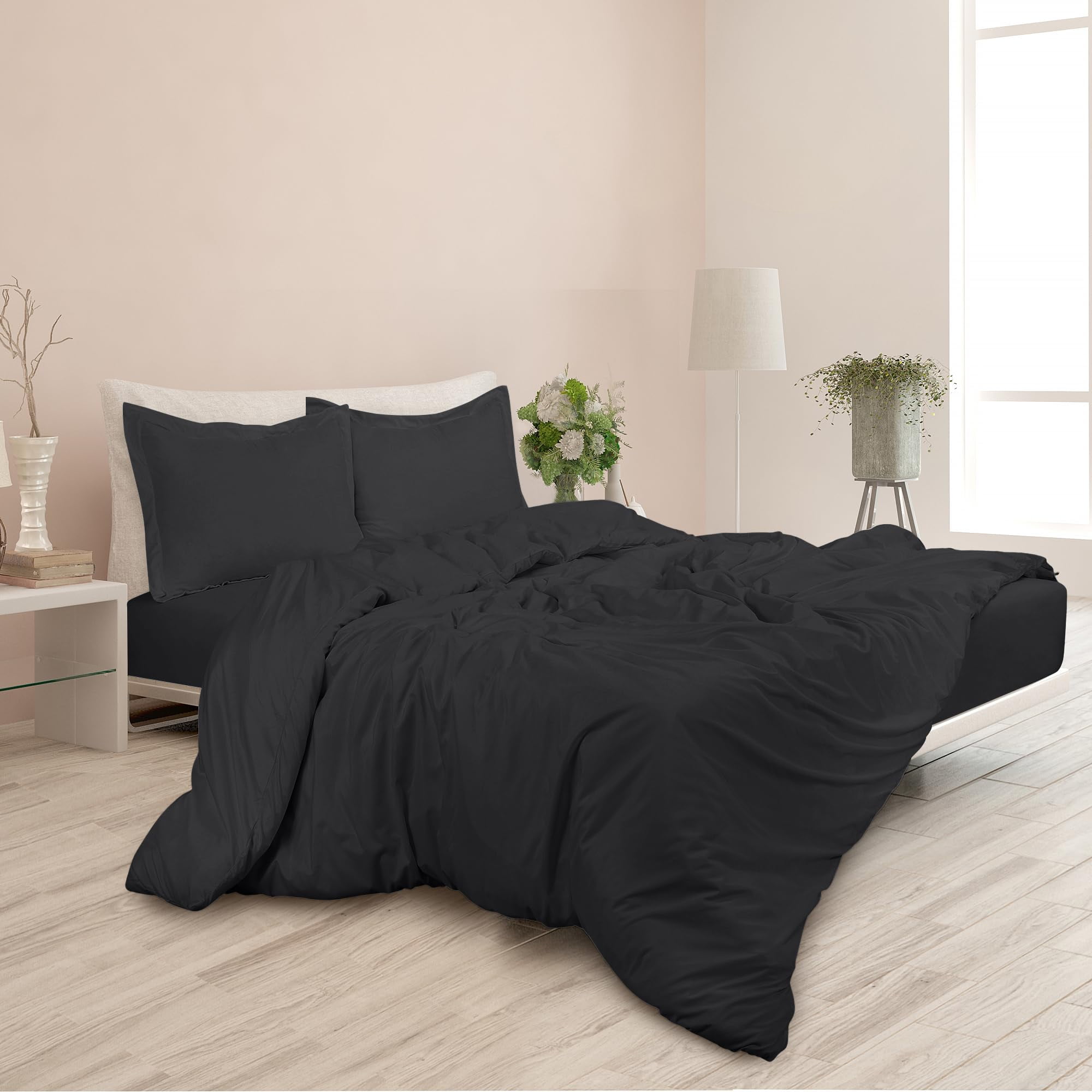 ROYALE Black Duvet Cover Queen Size - Washed Duvet Cover Set, 3 Piece ...