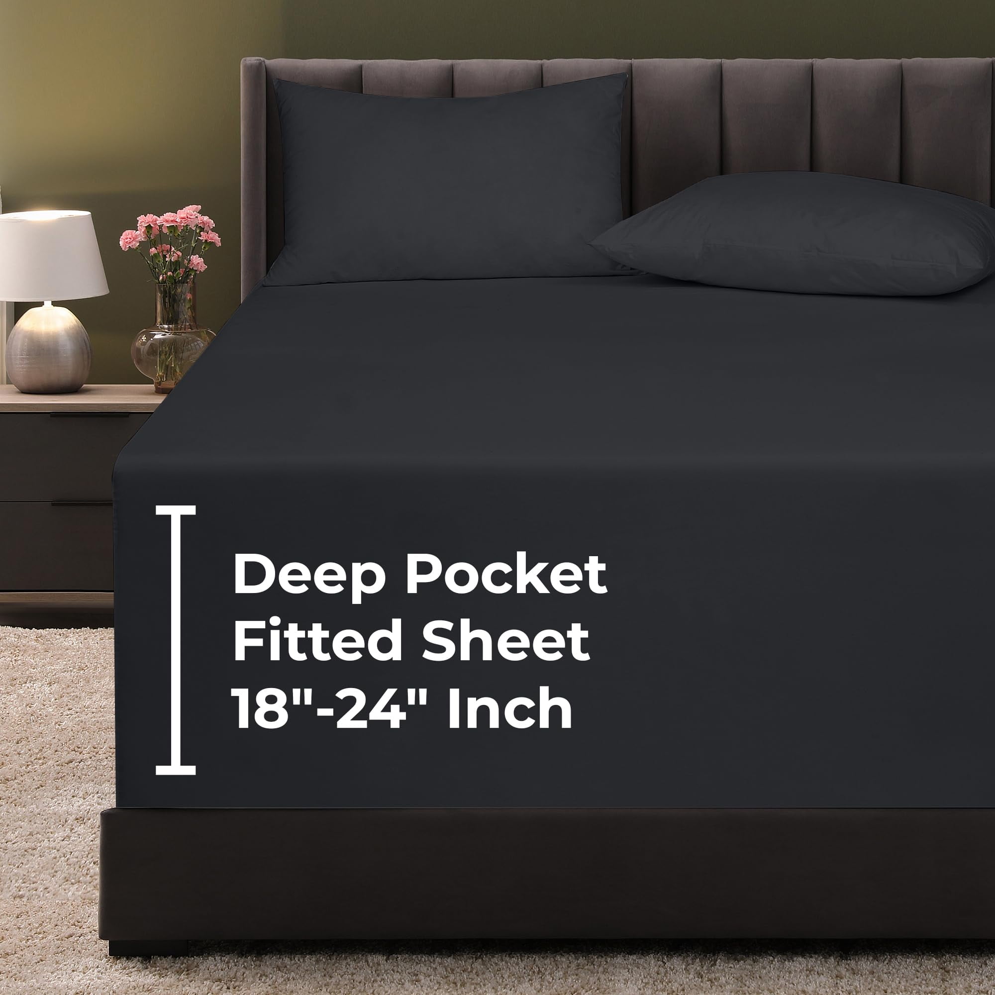 Royale Linens Extra Deep Pocket Full Fitted Sheet Only - Soft Black ...