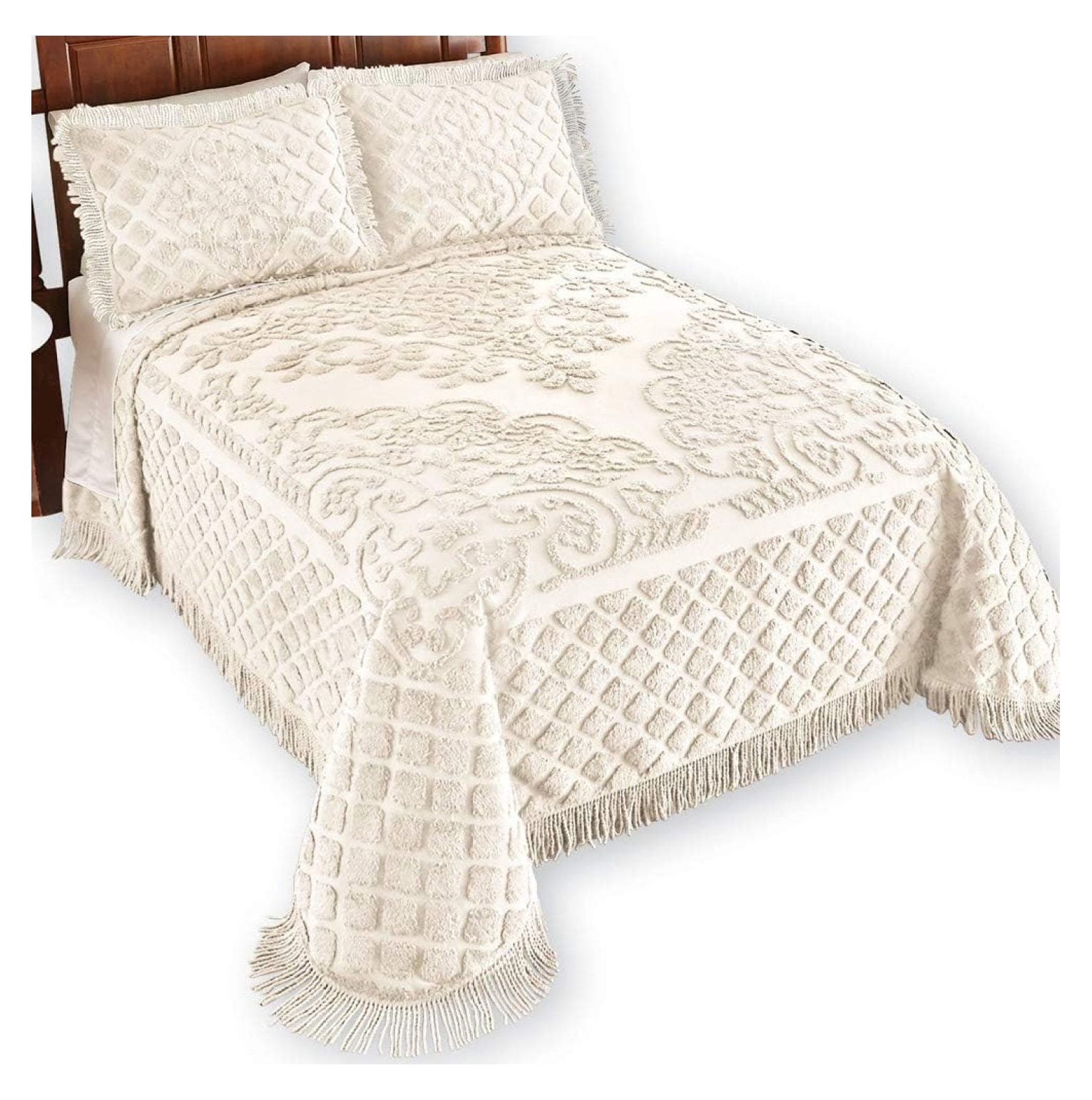 Royalty Scroll and Checkered Pattern Chenille Bedspread with Fringe ...