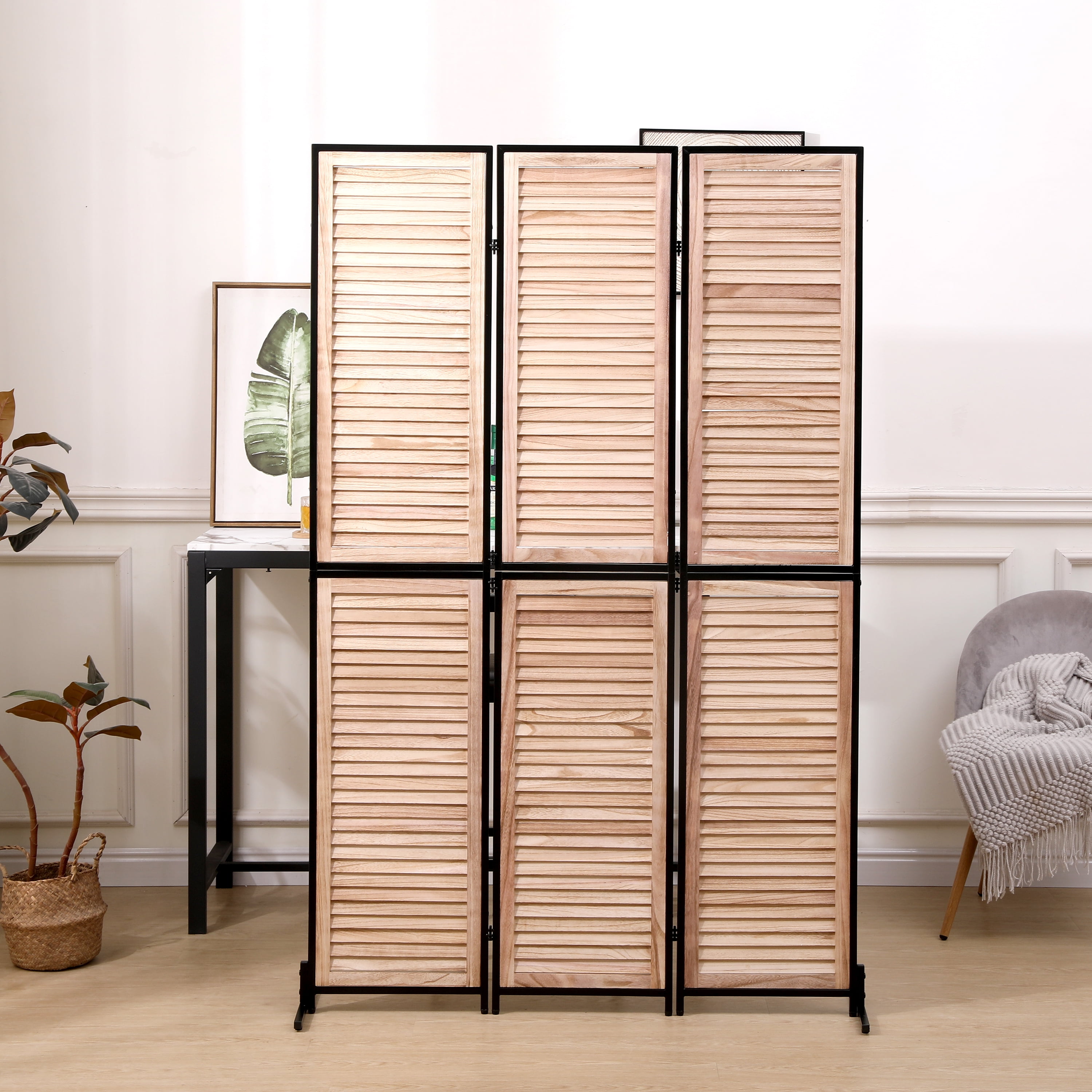 Royard Oaktree 3 Panels Room Divider with Shutter, 6 FT Wood Folding ...