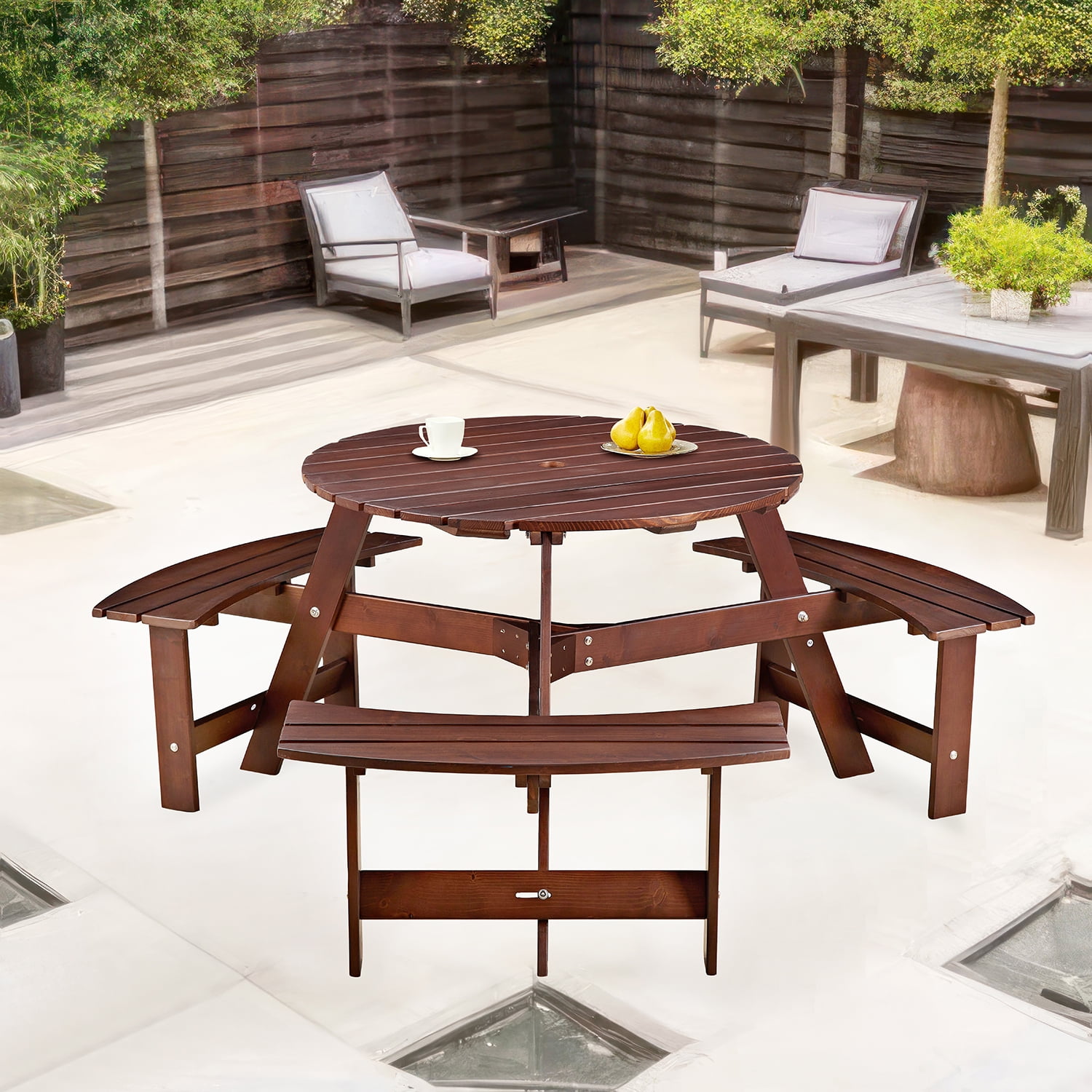 Royard Oaktree 6 Person Wooden Picnic Table, Outdoor Round Picnic Table ...