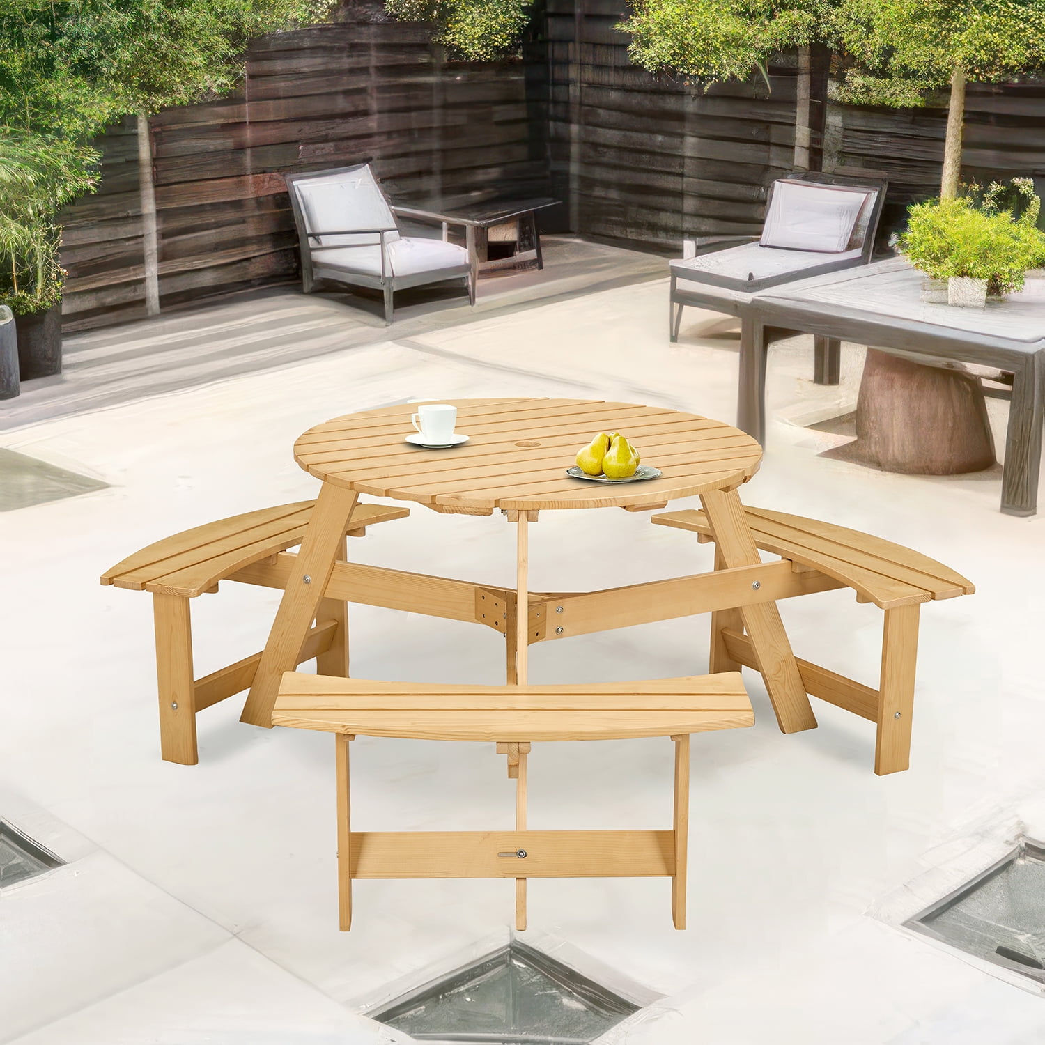 Royard Oaktree 6 Person Wooden Picnic Table, Outdoor Round Picnic Table ...