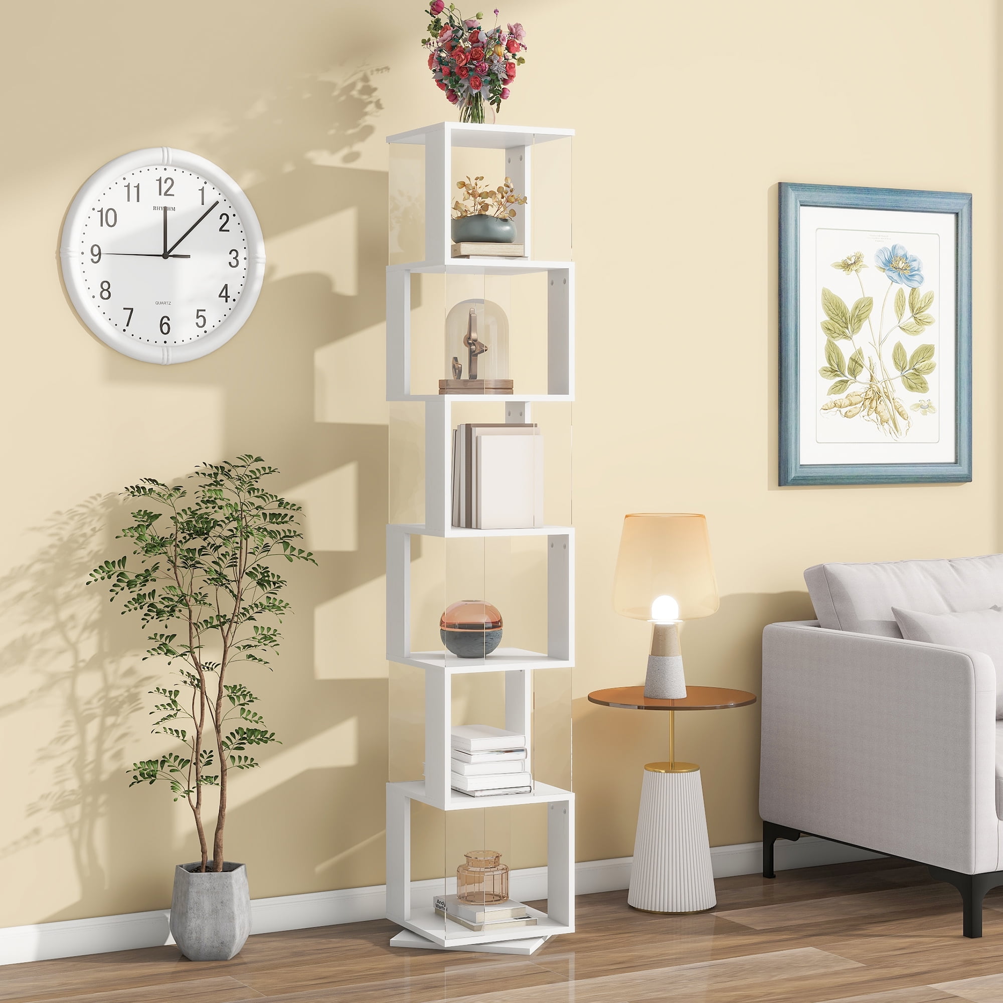 Royard Oaktree 6-Tier Square Rotating Bookshelf Tower, 360° Spinning ...