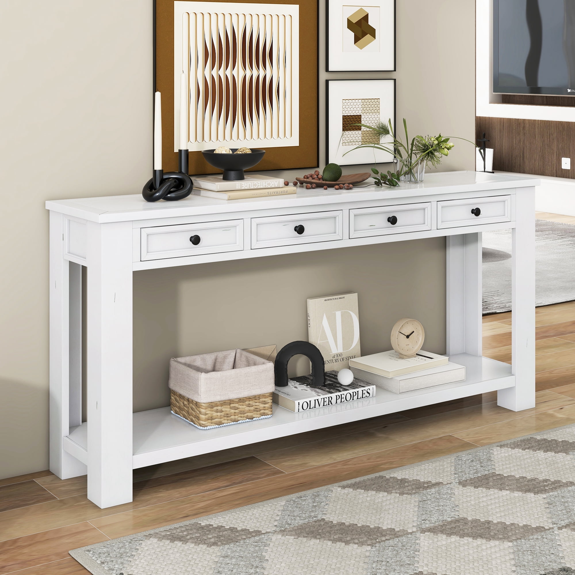 Royard Oaktree 64" Rustic Extra Long Console Table with Drawers, Wood ...