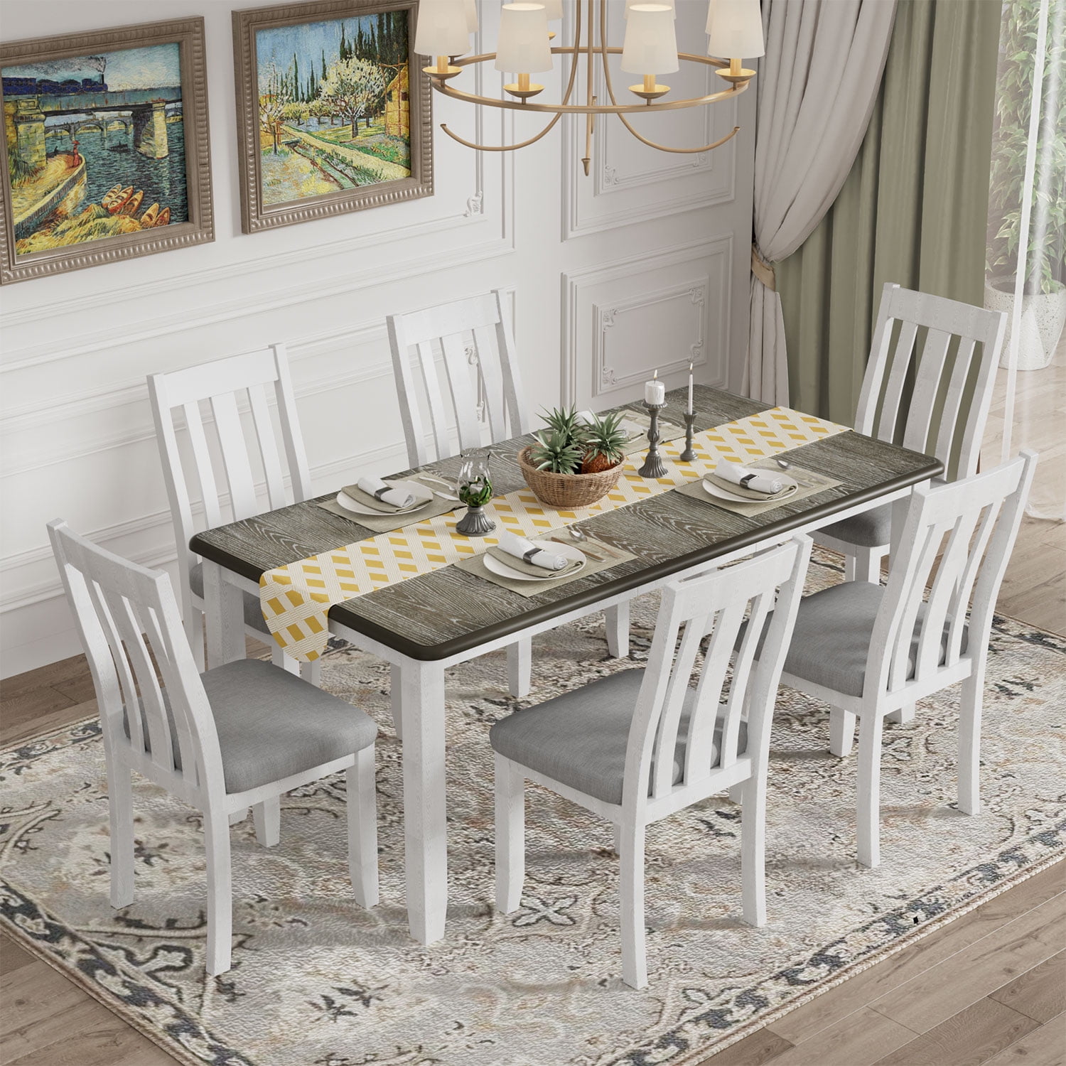 Royard Oaktree 7-piece Dining Table Set for 6-8, Extendable Kitchen ...