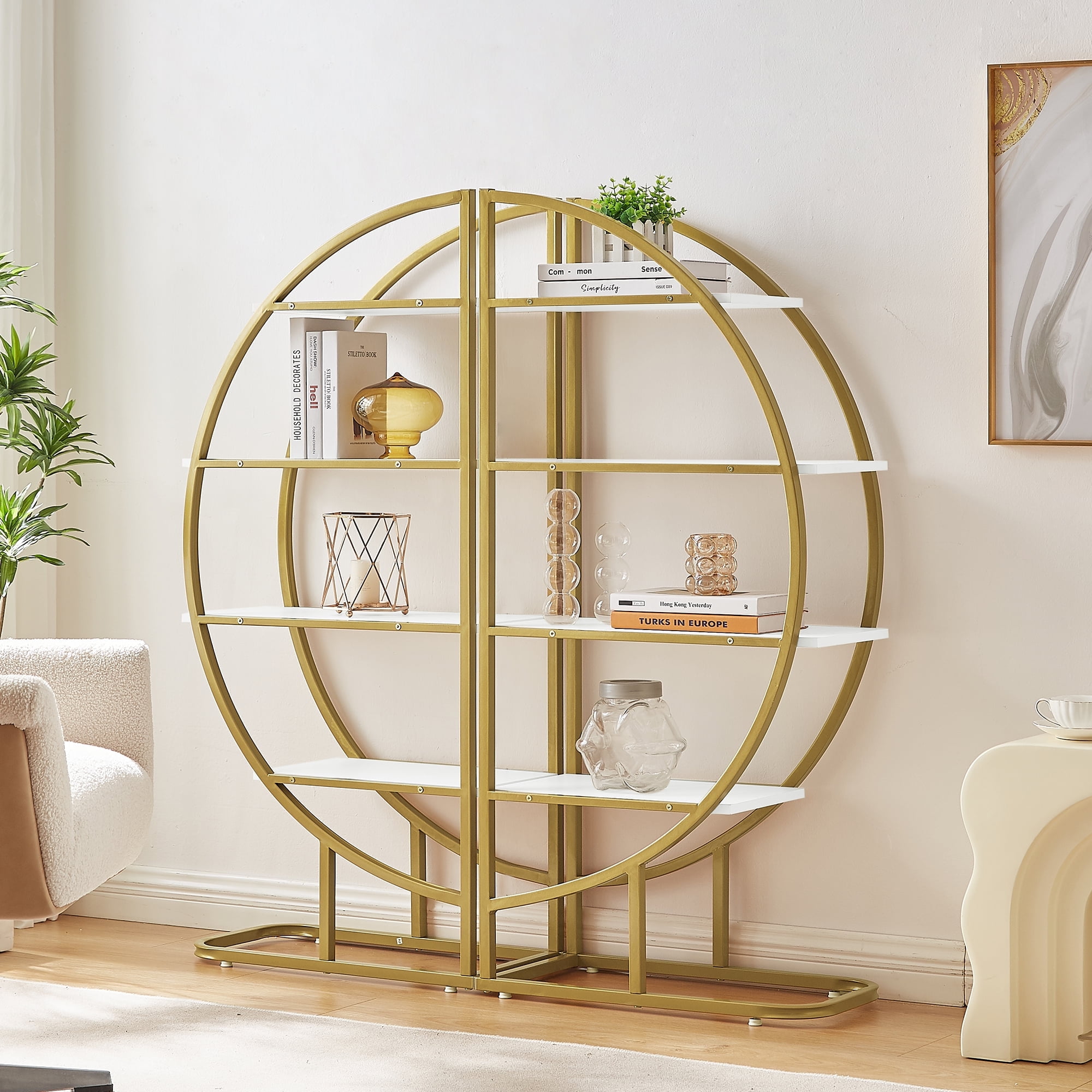 Royard Oaktree Bookshelf Round Bookcase with 4 Tiers Open Shelves Wood ...