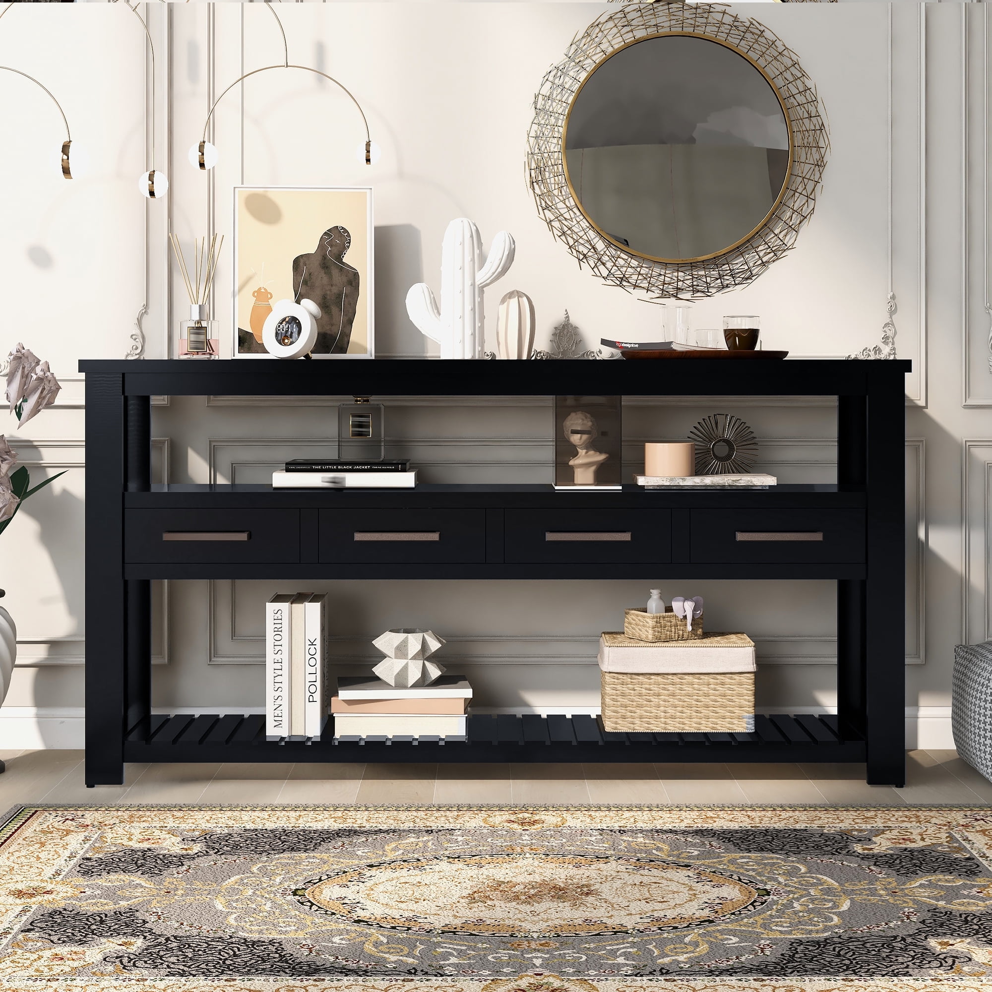 Royard Oaktree Extra Long Console Table w/4 Drawers & Shelves Modern 3 ...