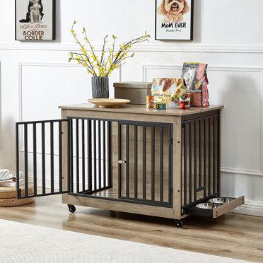 Wooden Dog Crate Table with 2 Drawers,Dog Crate Furniture with Cushion ...